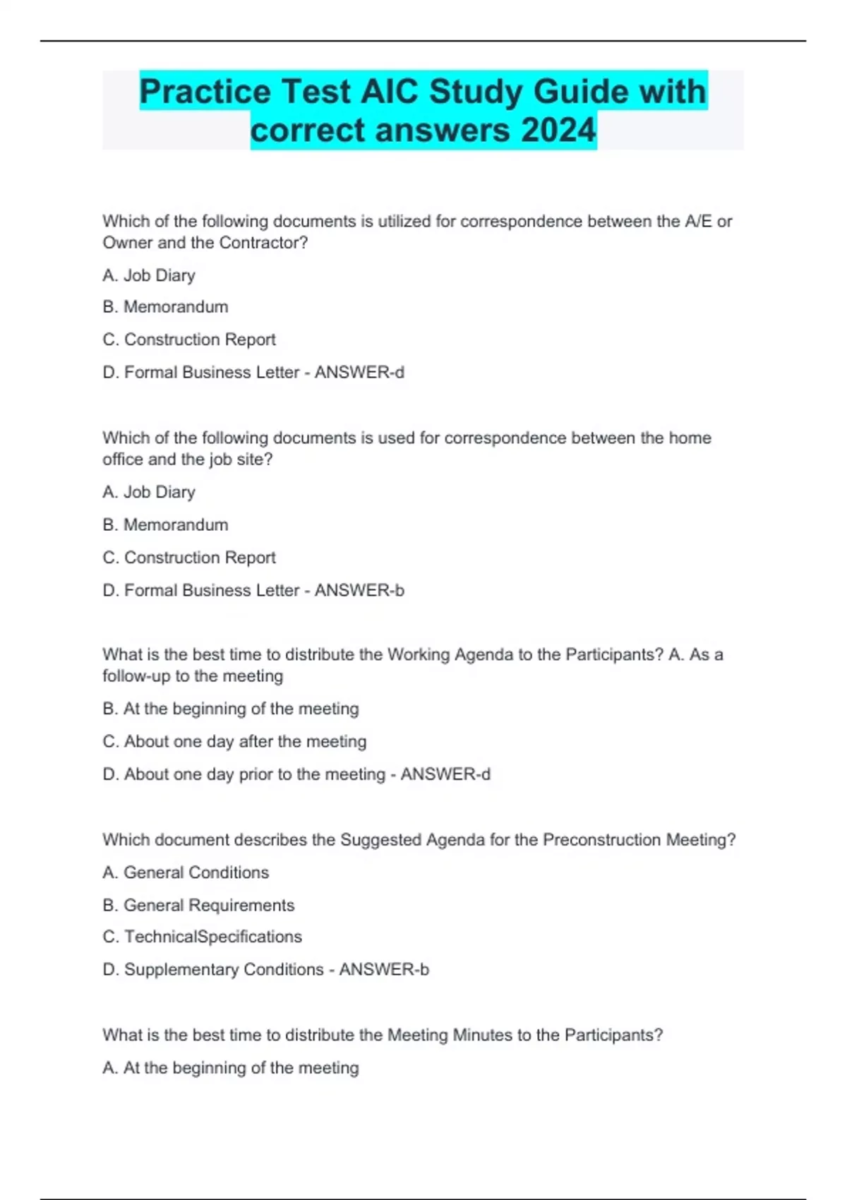 Practice Test AIC Study Guide with correct answers 2024 - AIC - Stuvia US