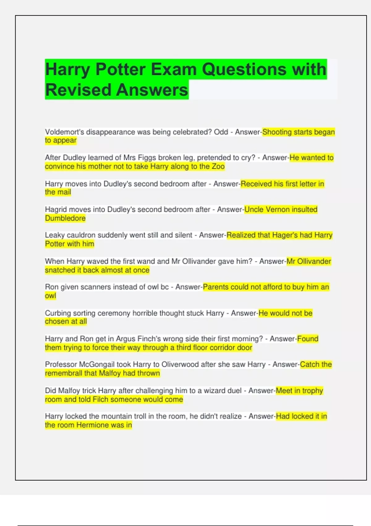 Harry Potter Exam Questions with Revised Answers - Harry Potter - Stuvia US