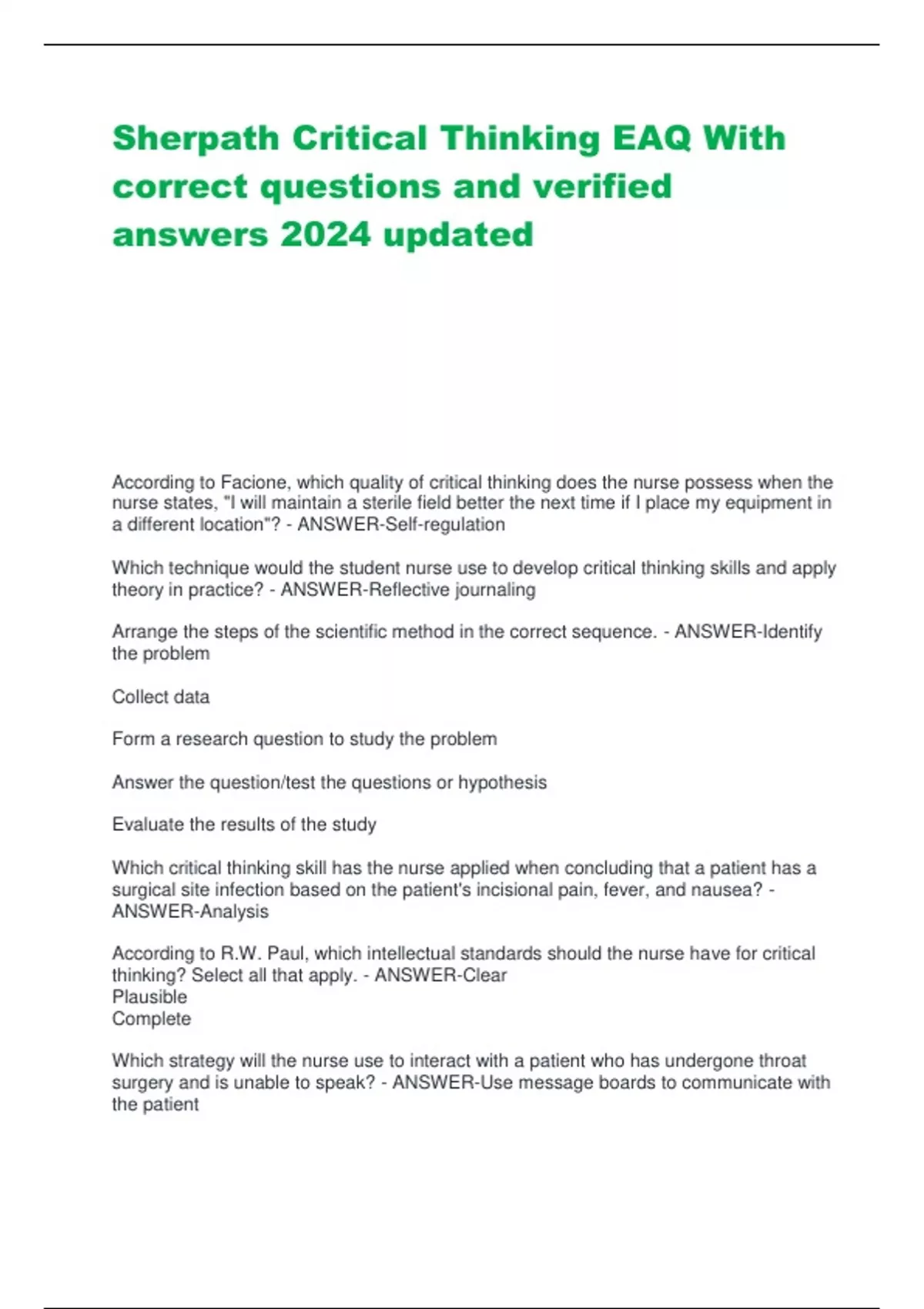 Sherpath Critical Thinking EAQ With correct questions and verified ...