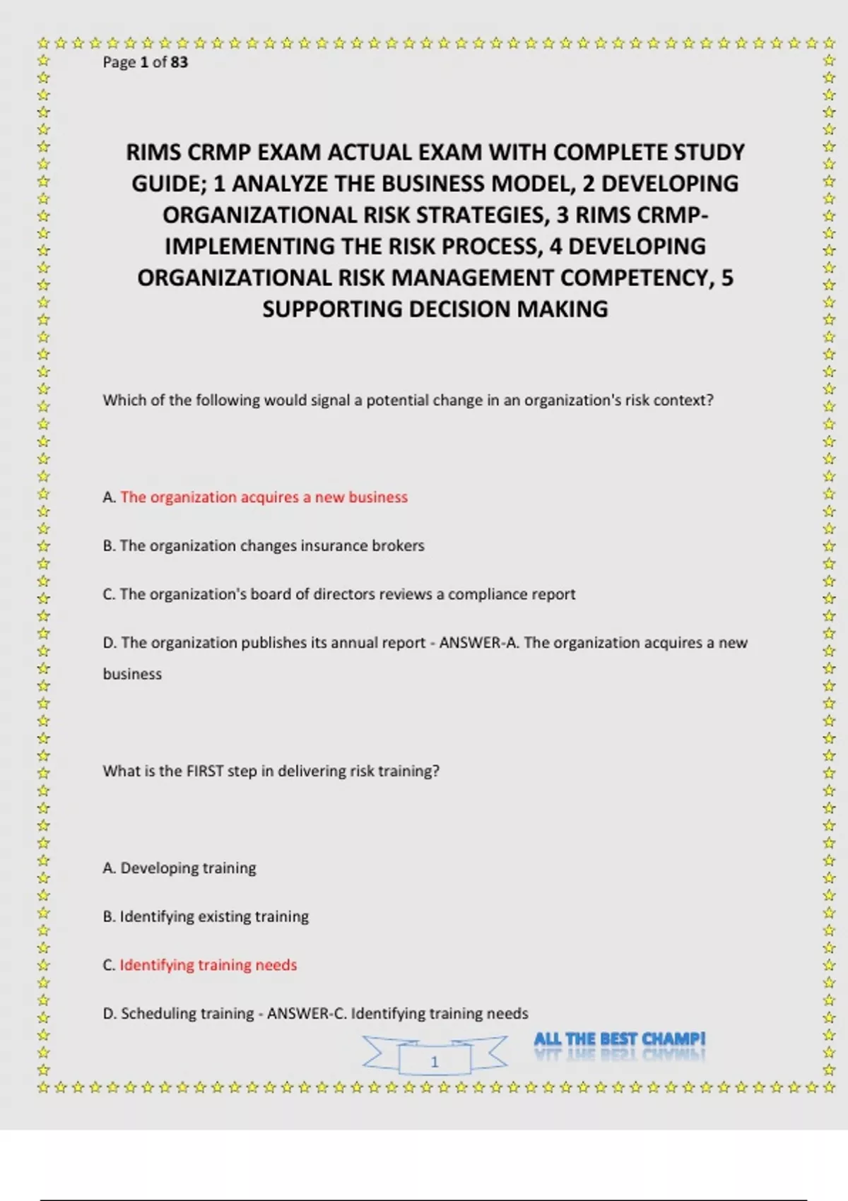 RIMS CRMP EXAM ACTUAL EXAM WITH COMPLETE STUDY GUIDE; 1 ANALYZE THE ...