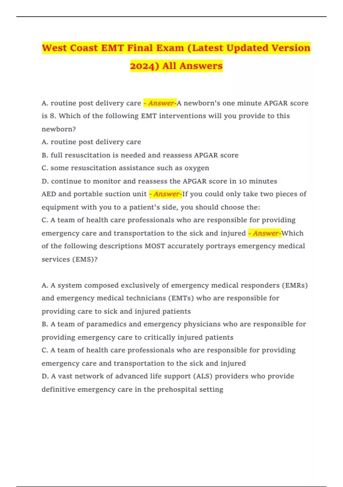 West Coast EMT Final Exam (Latest Updated Version 2024) All Answers ...