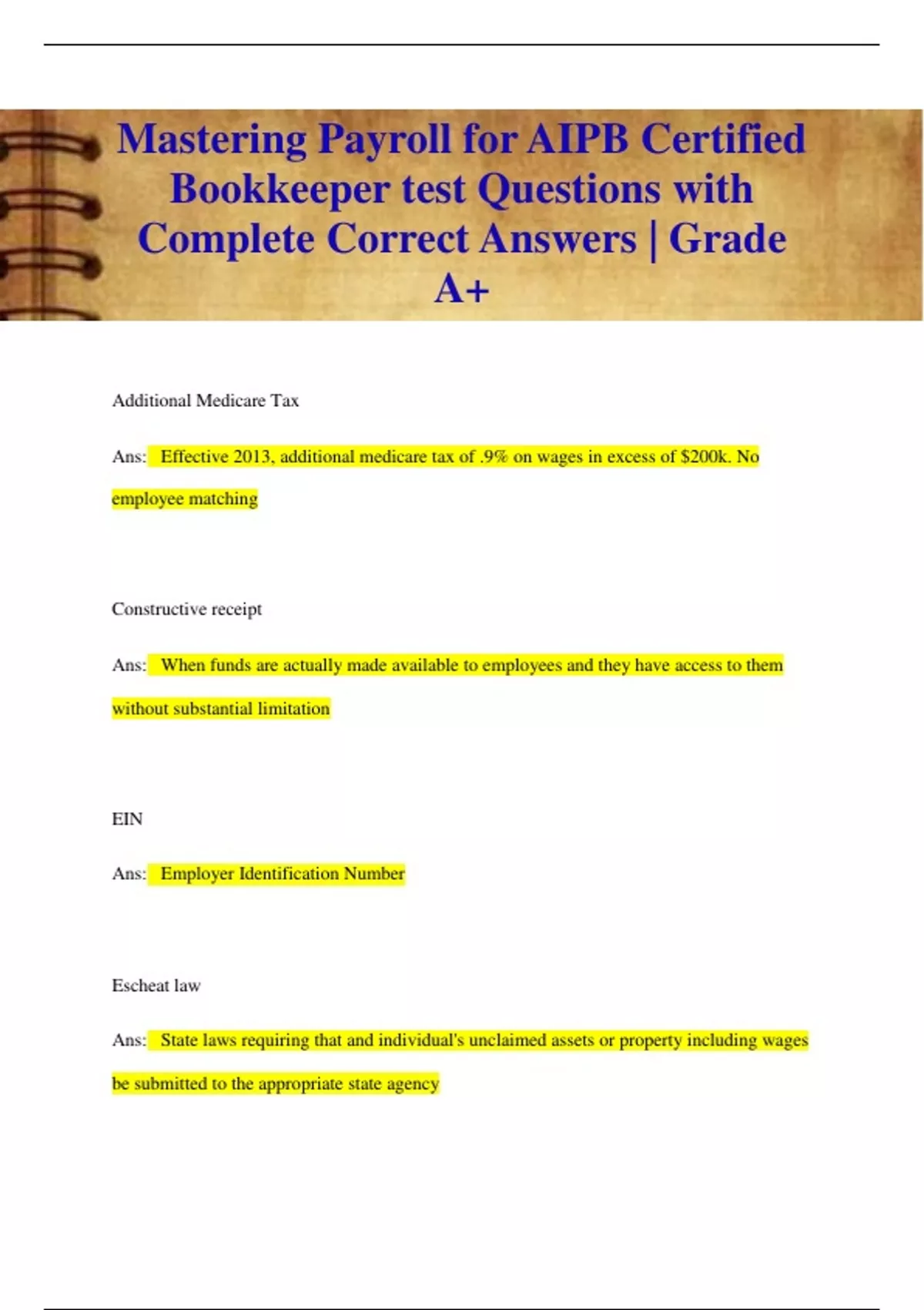 Mastering Payroll for AIPB Certified Bookkeeper test Questions with ...