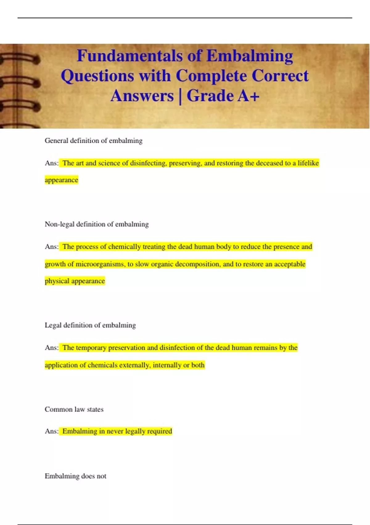 Fundamentals of Embalming Questions with Complete Correct Answers ...