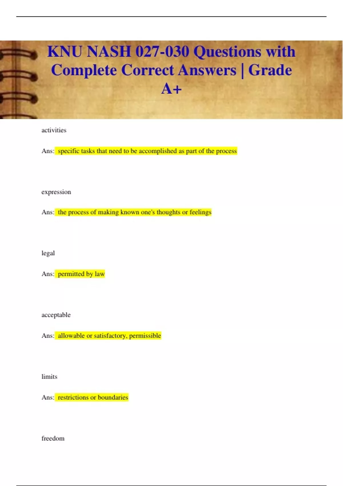 KNU NASH 027-030 Questions with Complete Correct Answers | Grade A+ ...