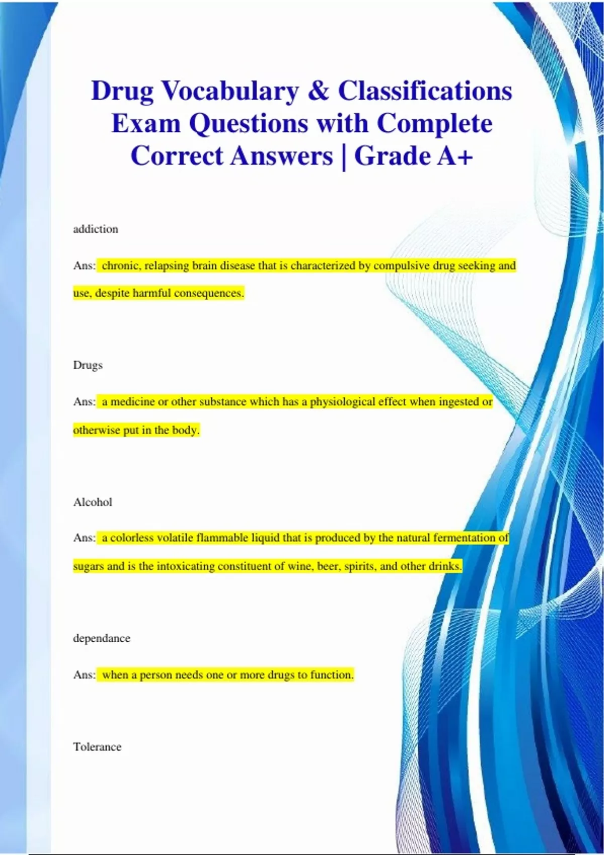Drug Vocabulary & Classifications Exam Questions with Complete Correct Answers | Grade A+ ...