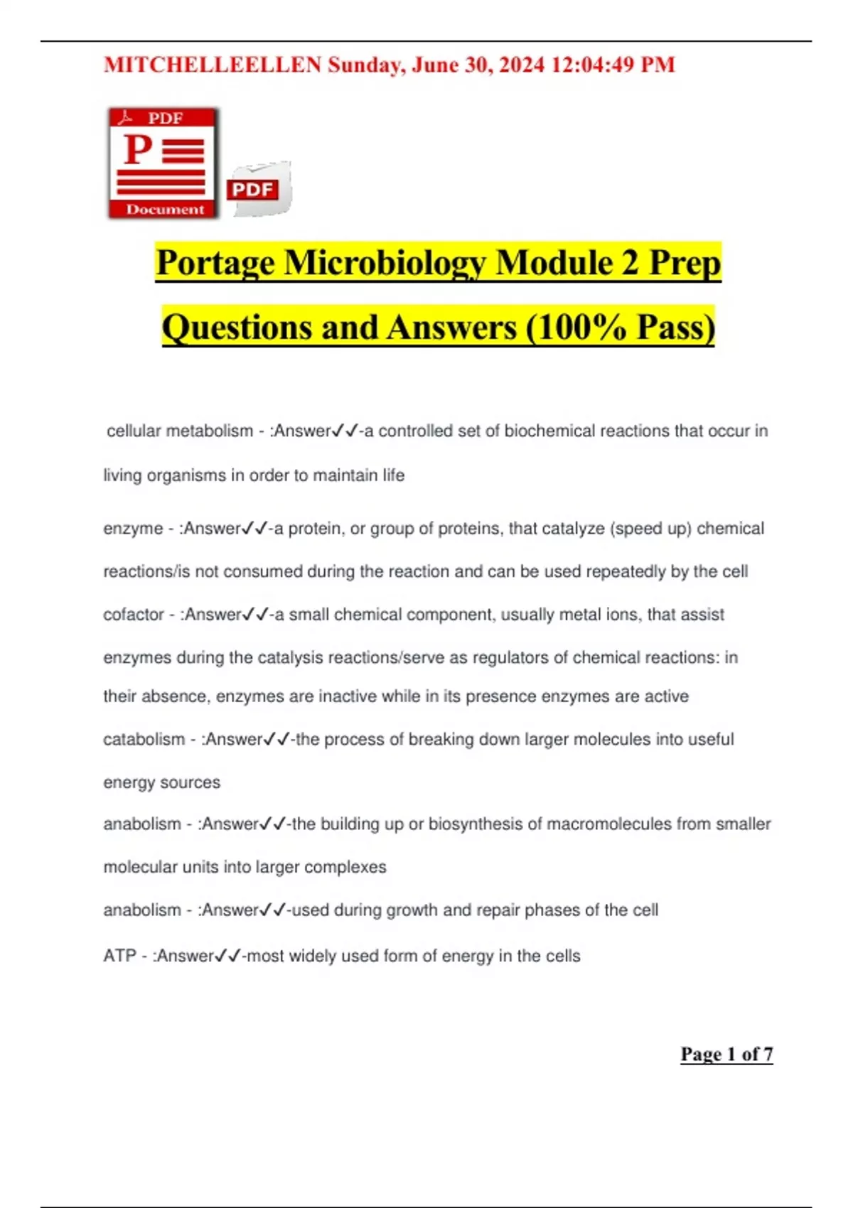 Portage Microbiology Module 2 Prep Questions and Answers (100% Pass ...