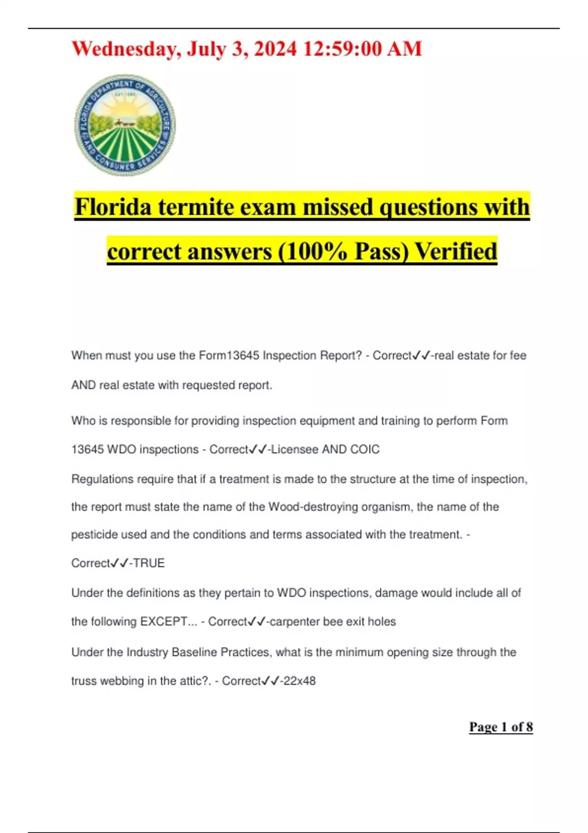Florida termite exam missed questions with correct answers (100% Pass ...
