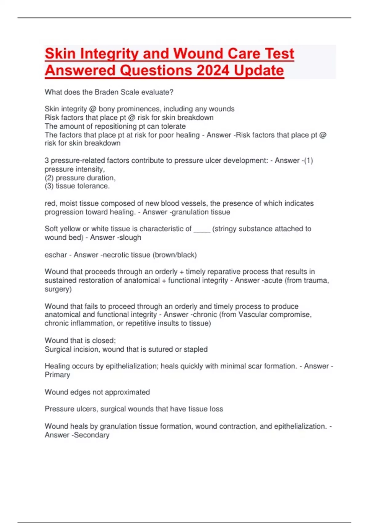 Skin Integrity and Wound Care Test Answered Questions 2024 Update ...