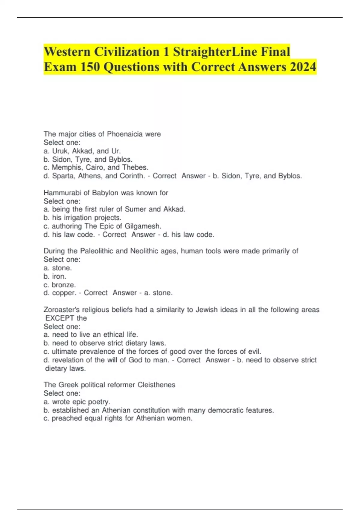 Western Civilization 1 Straighter Line Final Exam 150 Questions with ...