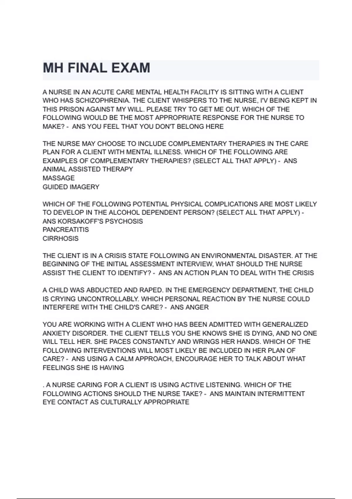 NRNP 6675 MH FINAL EXAM QUESTIONS AND ANSWERS 2024( A+ GRADED 100% ...