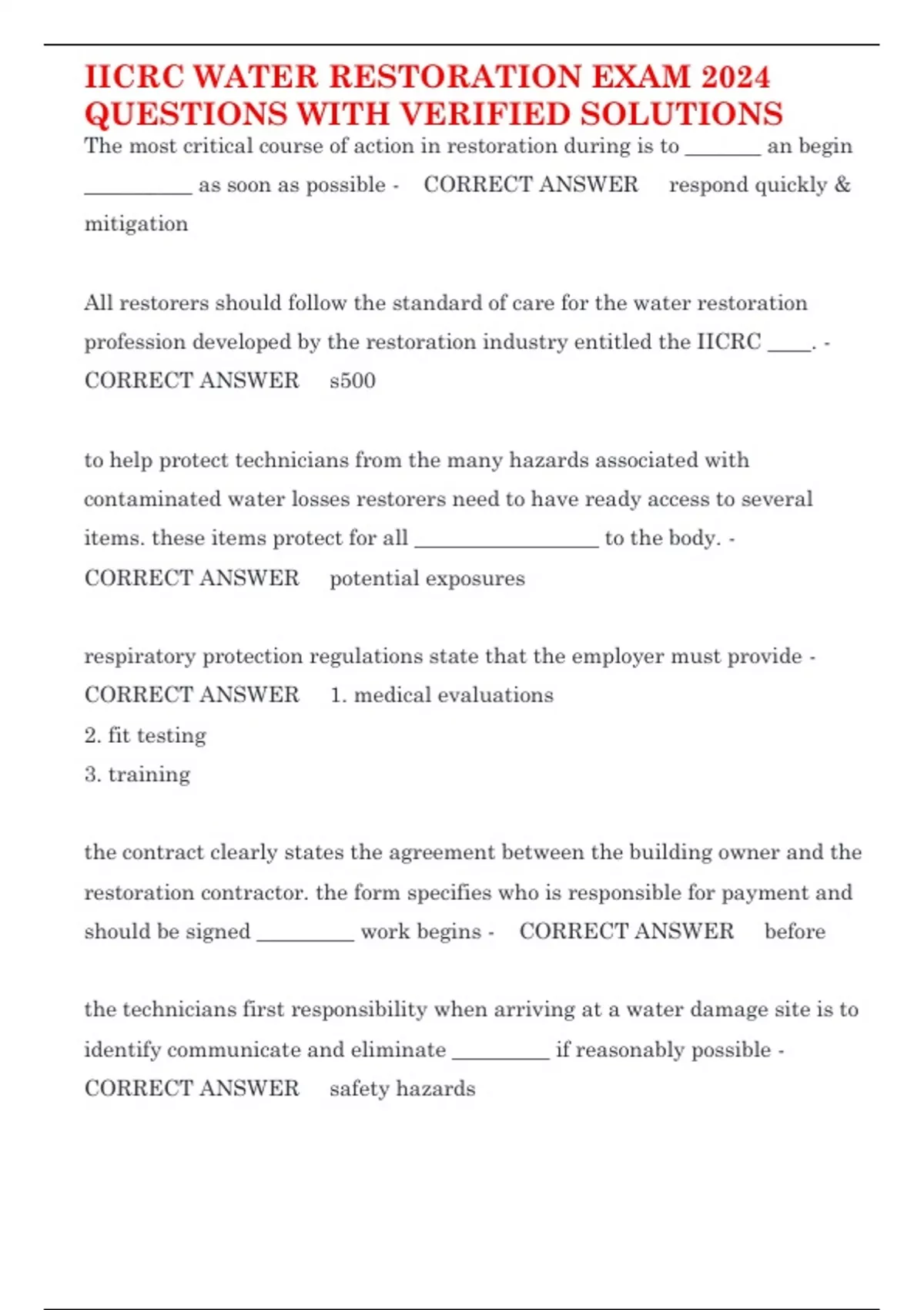 IICRC WATER RESTORATION EXAM 2024 QUESTIONS WITH VERIFIED SOLUTIONS ...