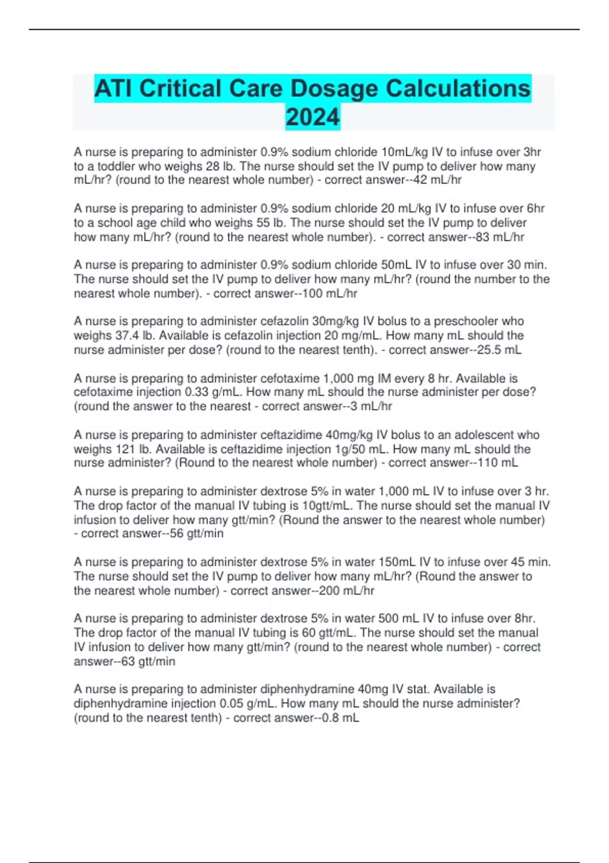 ATI Critical Care Dosage Calculations 2024 - ATI RN Critical Care ...