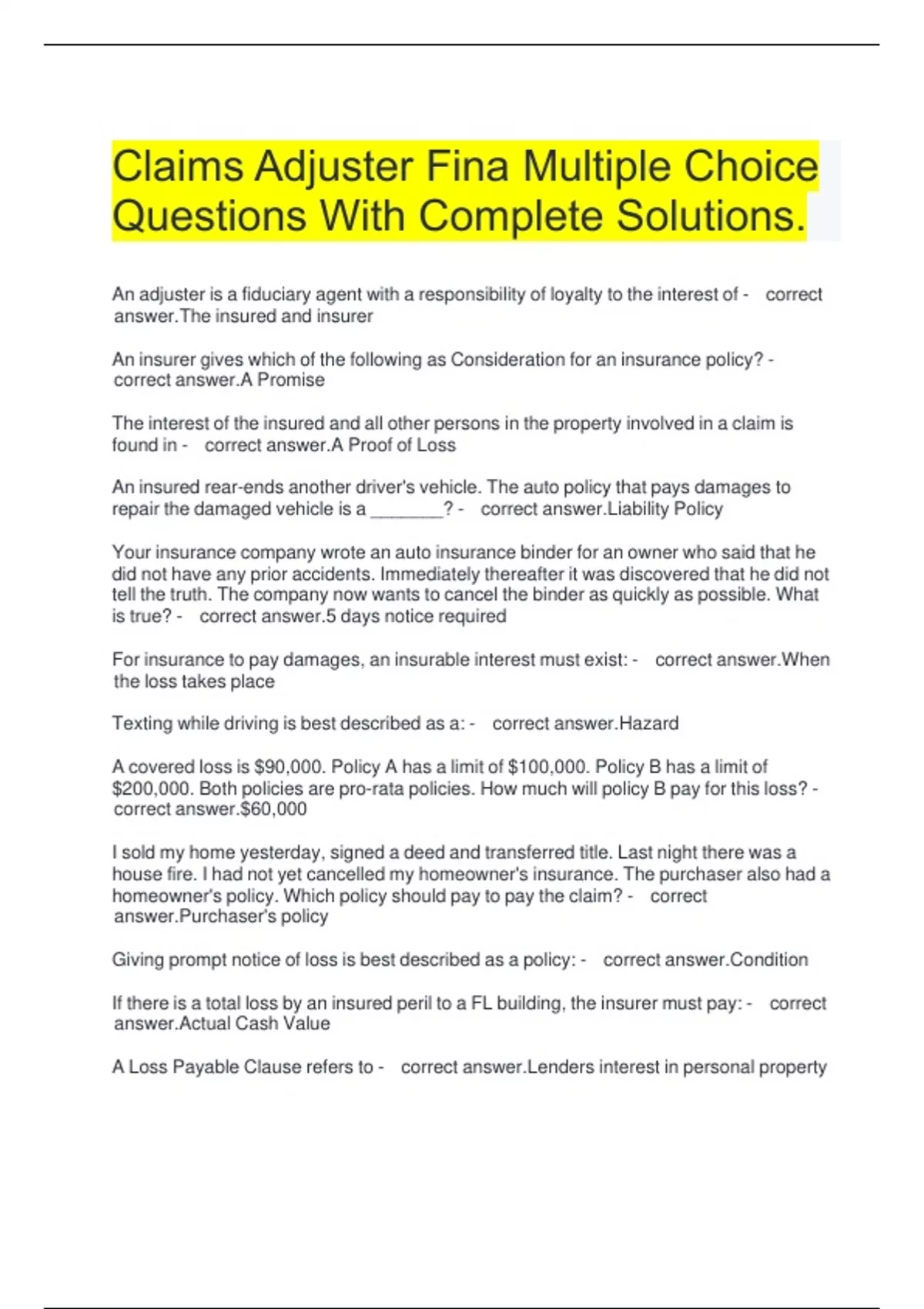 Claims Adjuster Fina Multiple Choice Questions With Complete Solutions ...