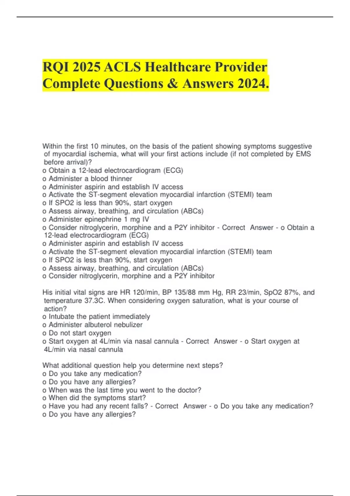 RQI 2025 ACLS Healthcare Provider Complete Questions & Answers 2024 ...