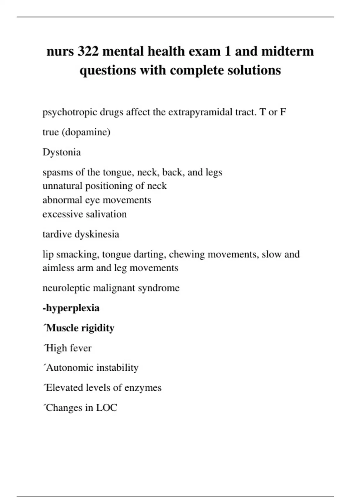 nurs 322 mental health exam 1 and midterm questions with complete solutions - NURS 322 - Stuvia US