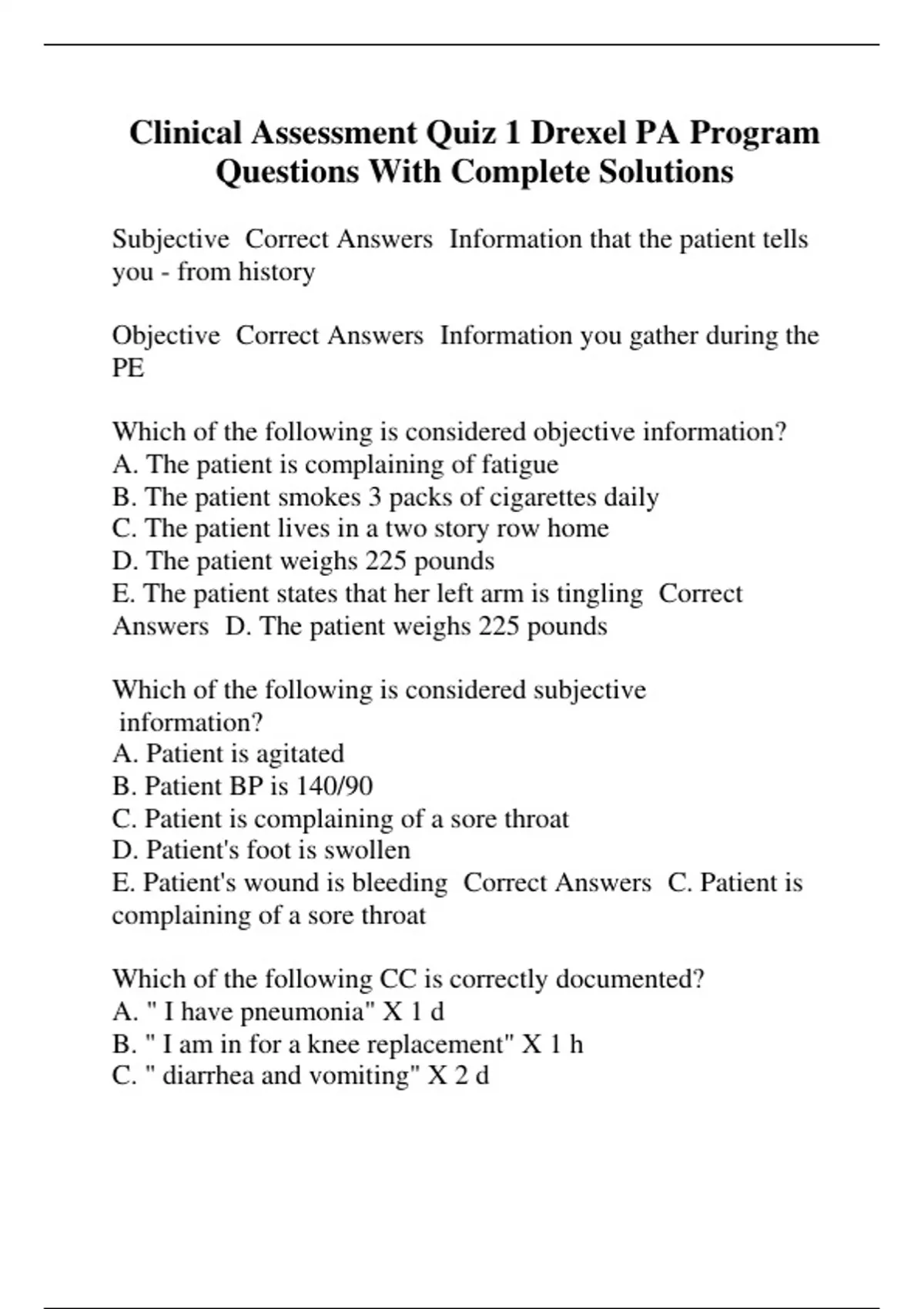 Clinical Assessment Quiz 1 Drexel PA Program Questions With Complete ...