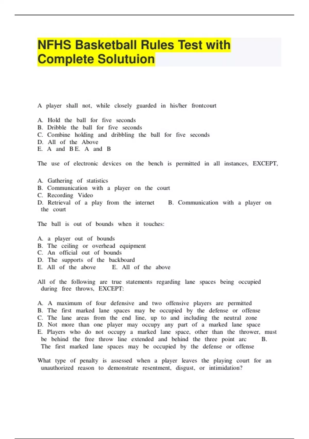 NFHS Basketball Rules Test with Complete Solutuion - NFHS Baseball ...