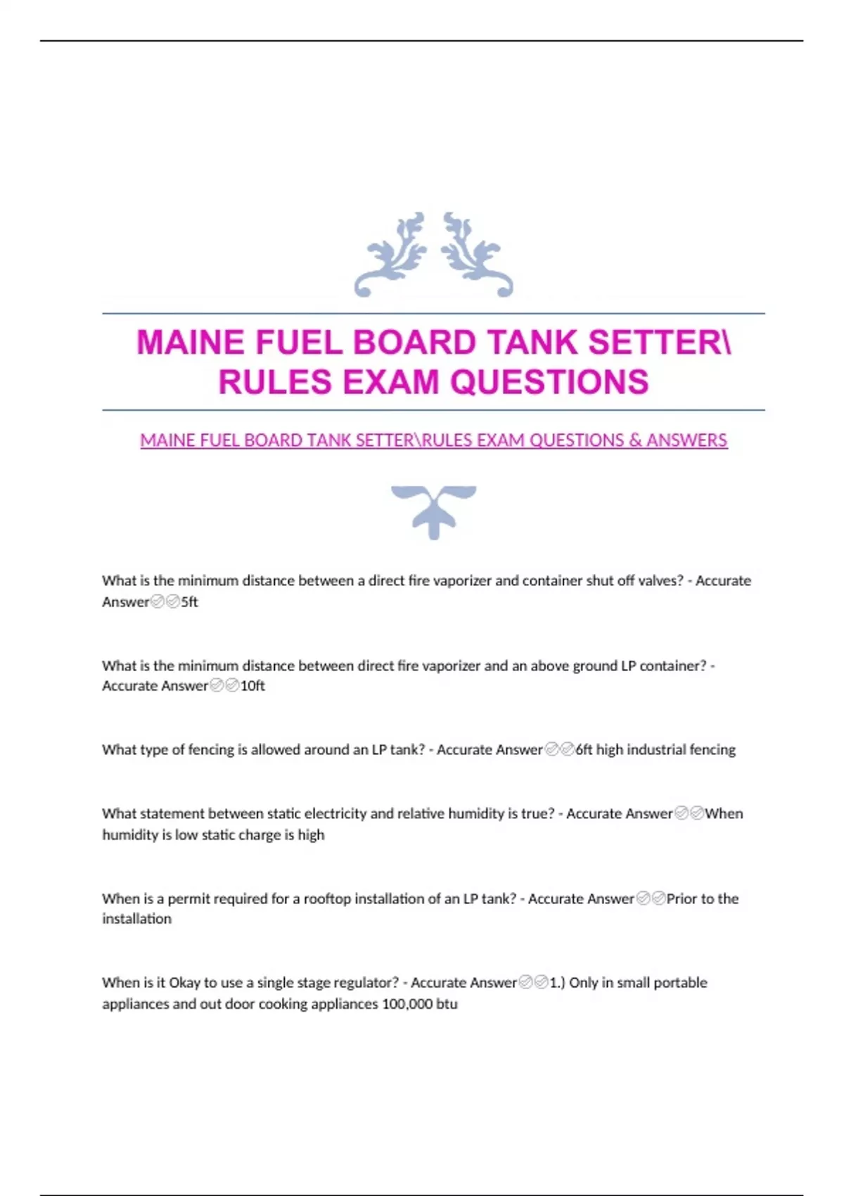 MAINE FUEL BOARD TANK SETTERRULES EXAM QUESTIONS & ANSWERS - MAINE FUEL ...