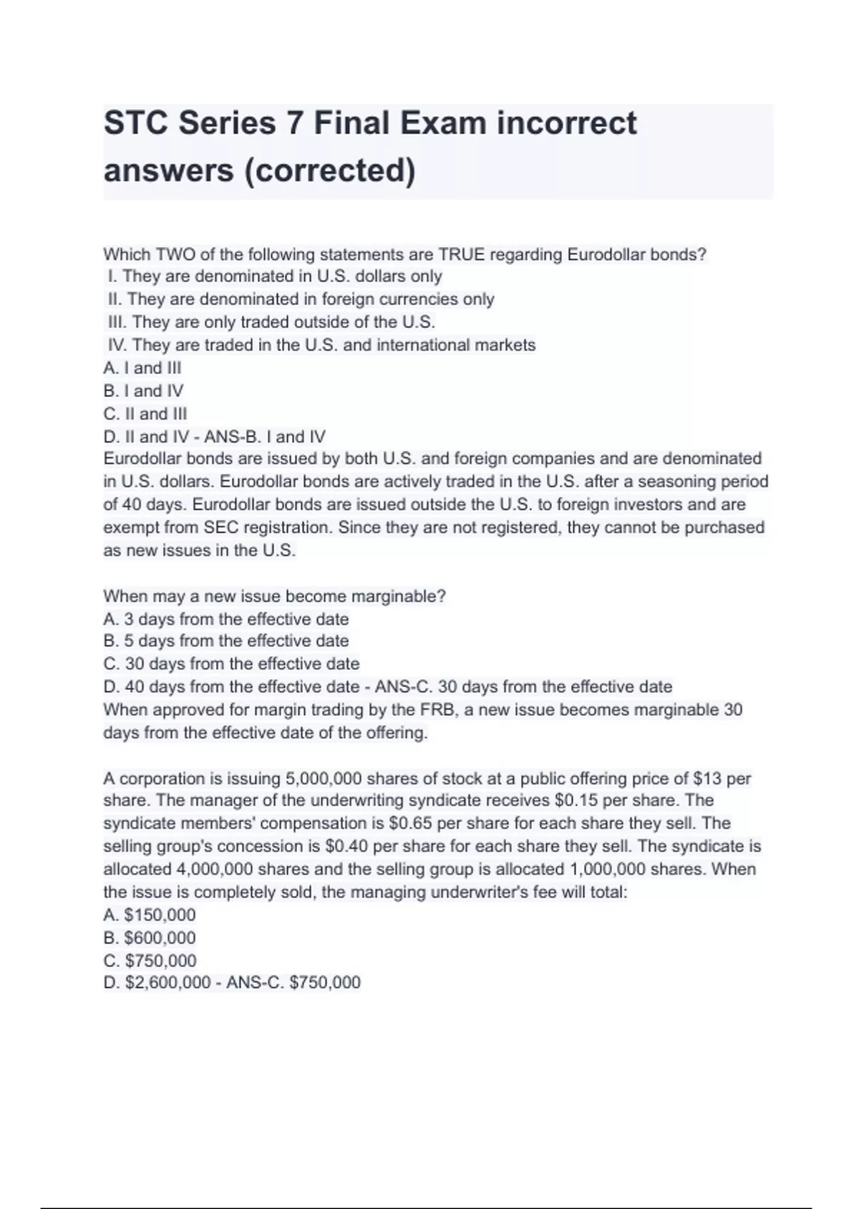 STC Series 7 Final Exam incorrect answers (corrected) - ESOL Practice - Stuvia US