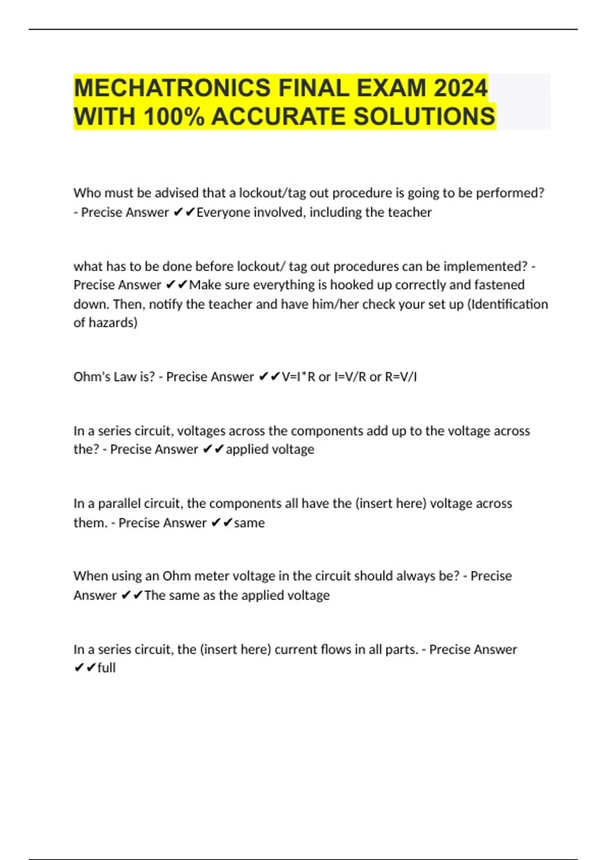 MECHATRONICS FINAL EXAM 2024 WITH 100% ACCURATE SOLUTIONS ...