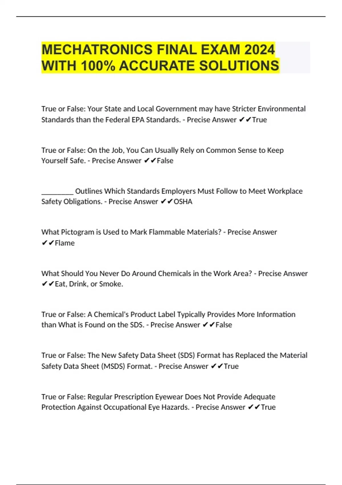 MECHATRONICS FINAL EXAM 2024 WITH 100% ACCURATE SOLUTIONS - MECHATRONICS - Stuvia US