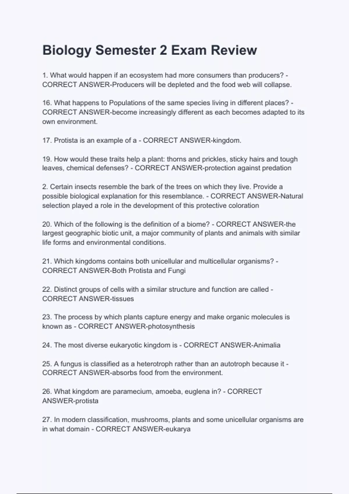 Biology Semester 2 Exam Review (ANSWERS) 2024 - DISTINCTION GUARANTEED ...