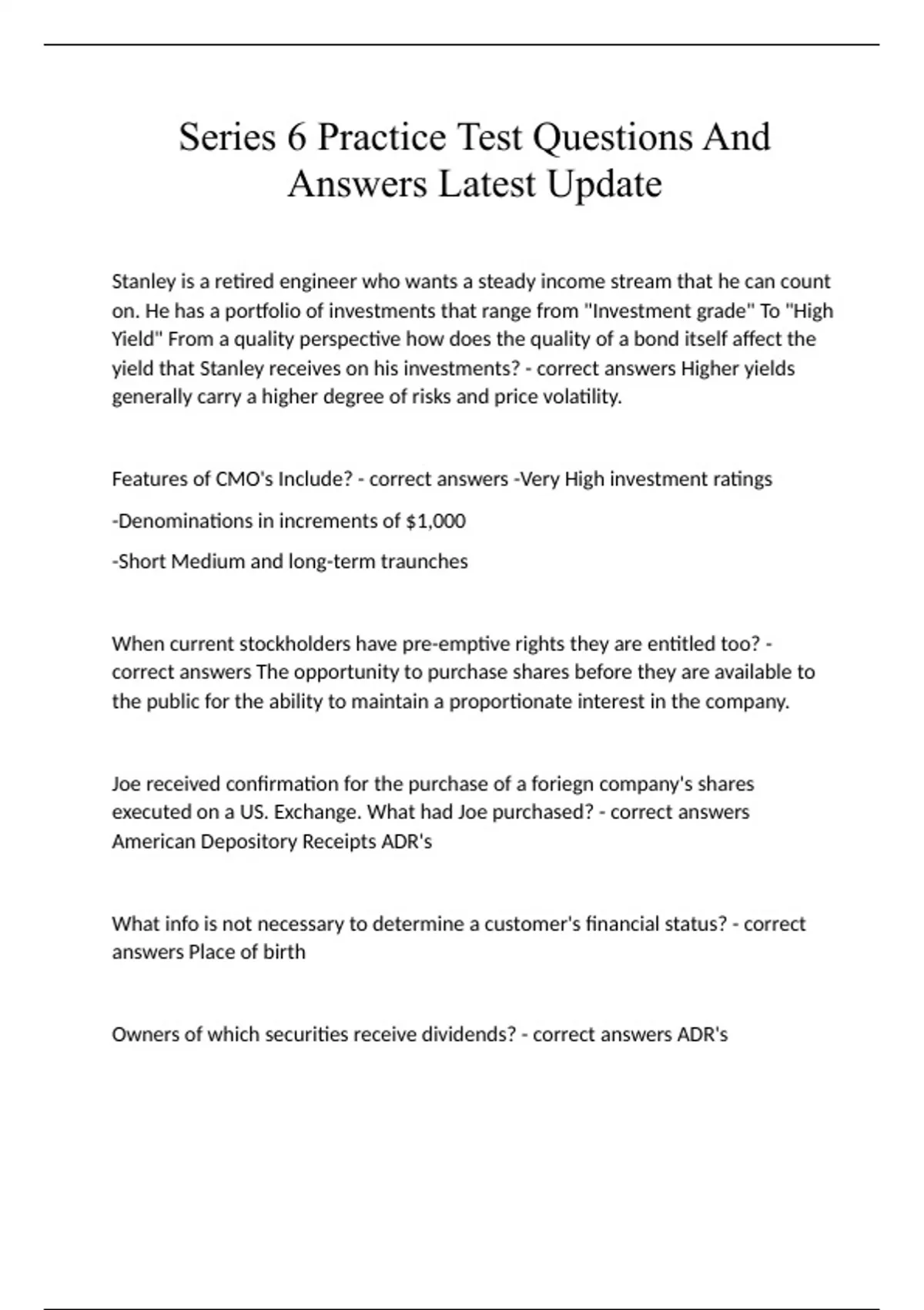 Series 6 Practice Test Questions And Answers Latest Update Finra Stuvia Us