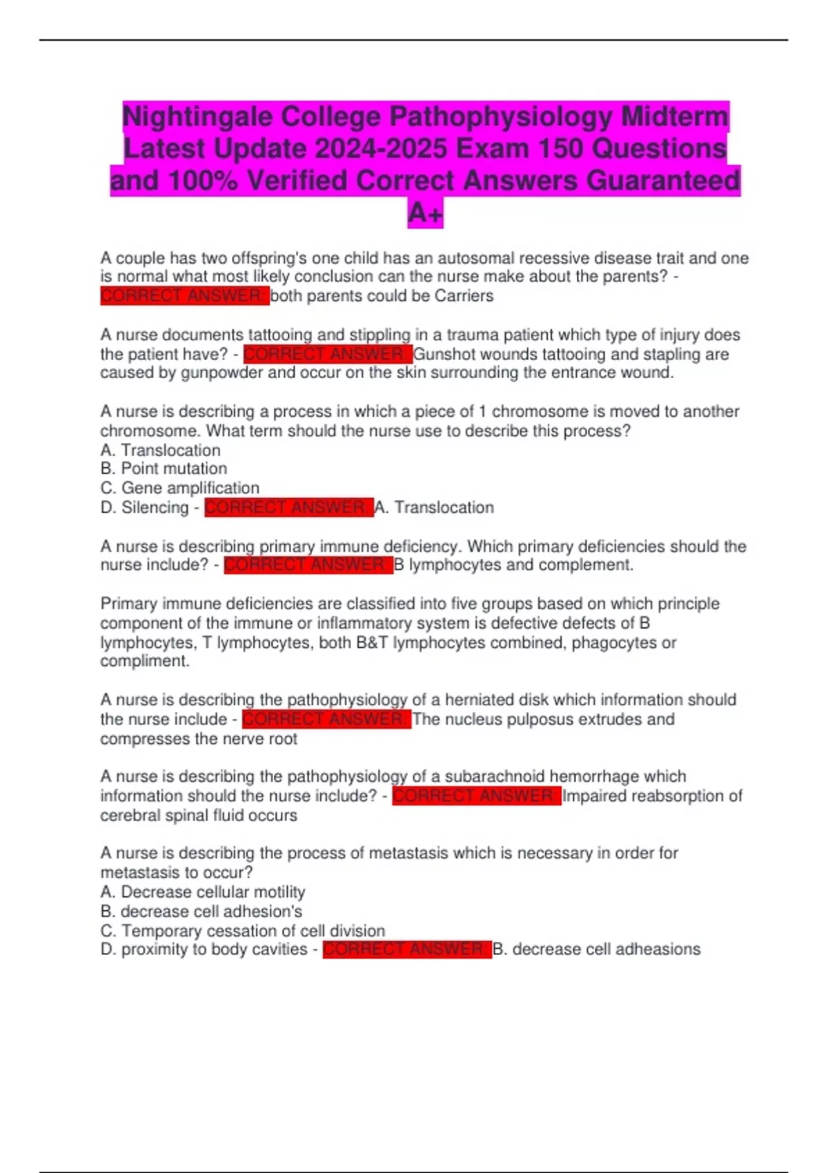 Nightingale College Pathophysiology Midterm Latest Update Exam 150 ...