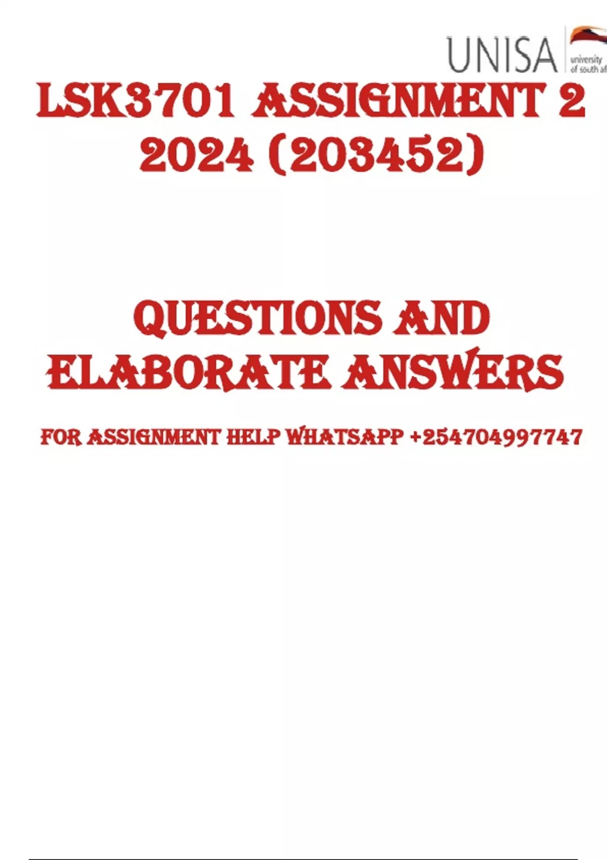 LSK3701 Assignment 2 2024 (203452) - DUE 7 July 2024 - LSK3701 (LSK3701) - Stuvia SA