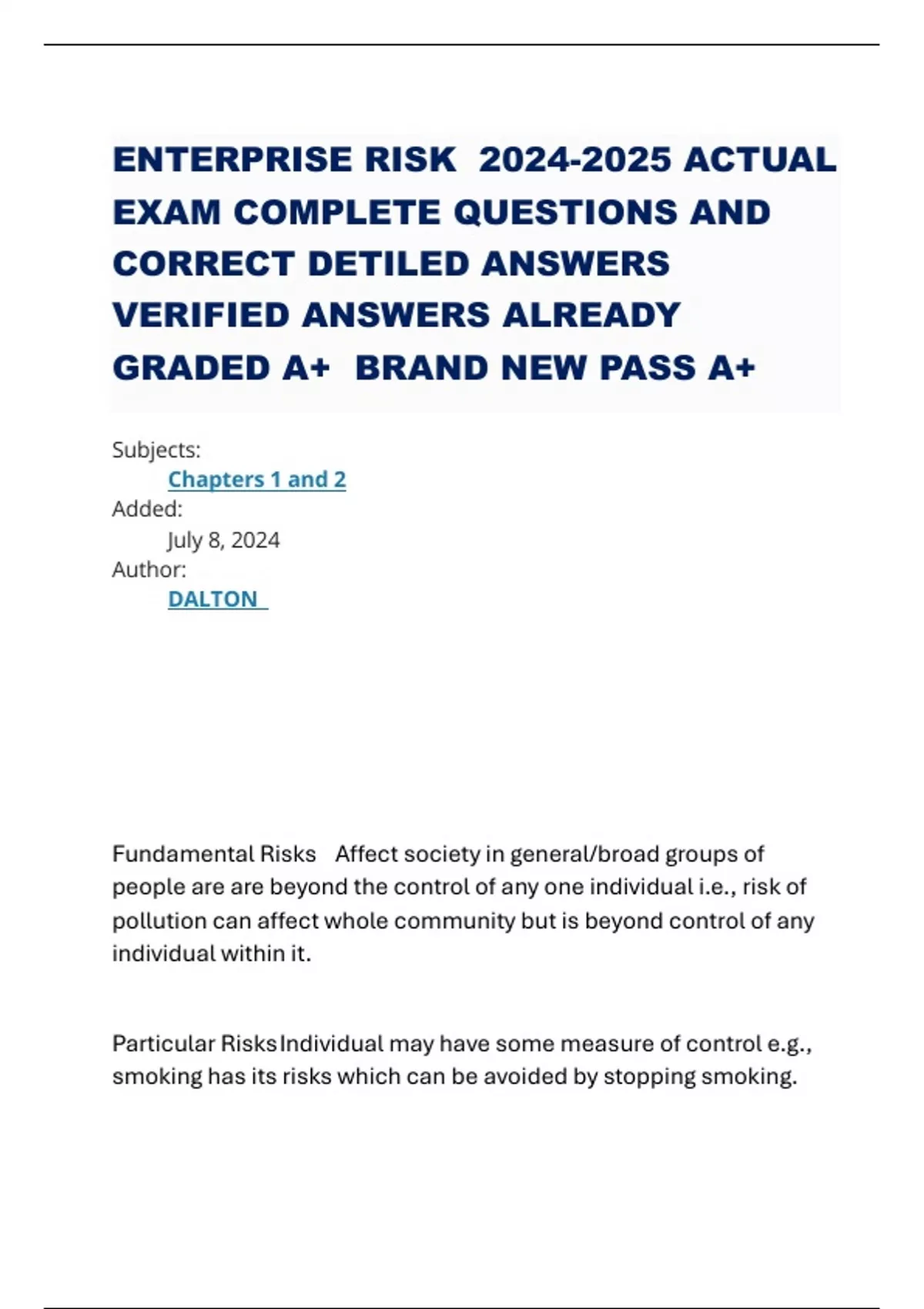 ENTERPRISE RISK ACTUAL EXAM COMPLETE QUESTIONS AND CORRECT DETILED ...