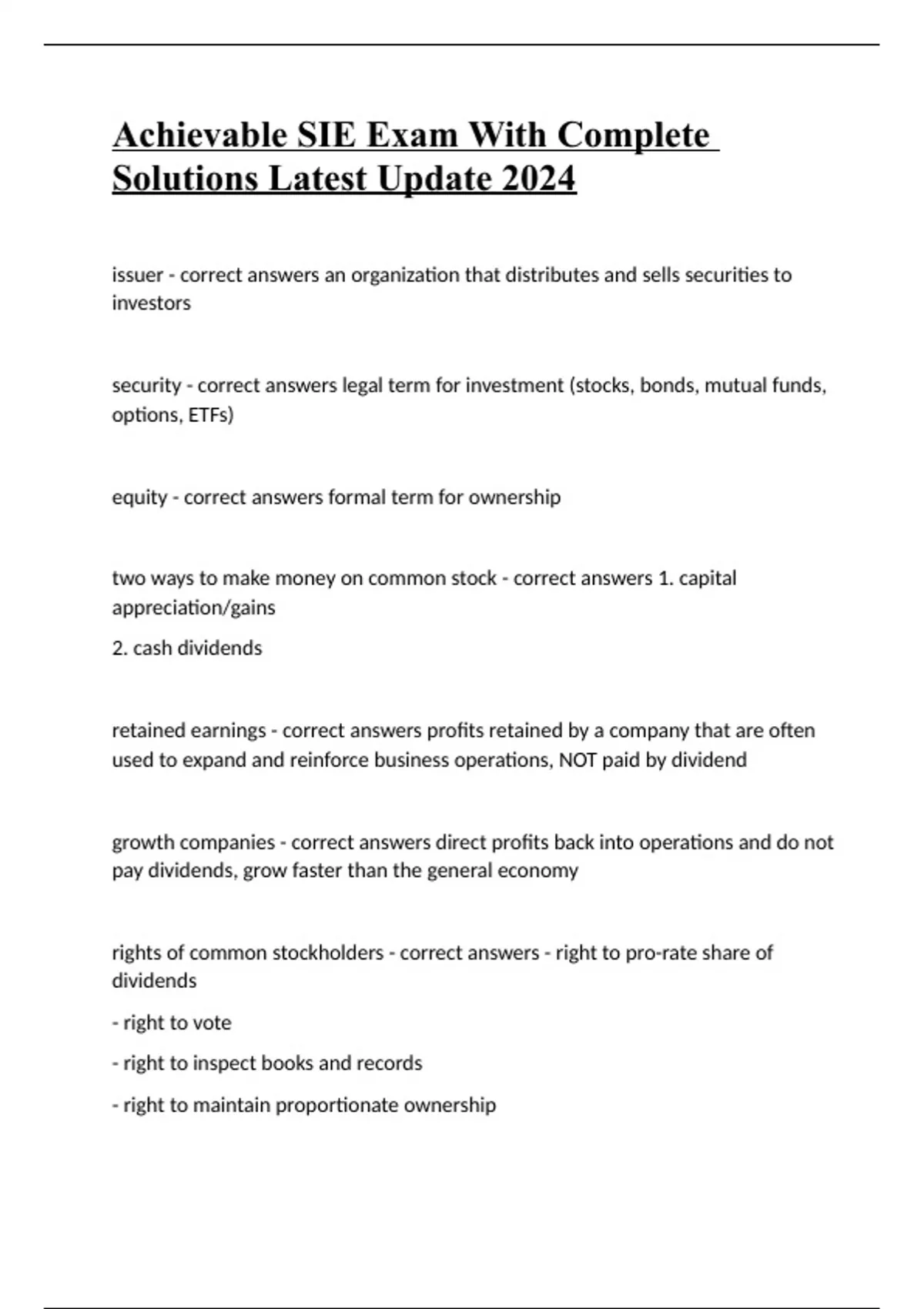 Achievable SIE Exam With Complete Solutions Latest Update 2024 - FINRA ...