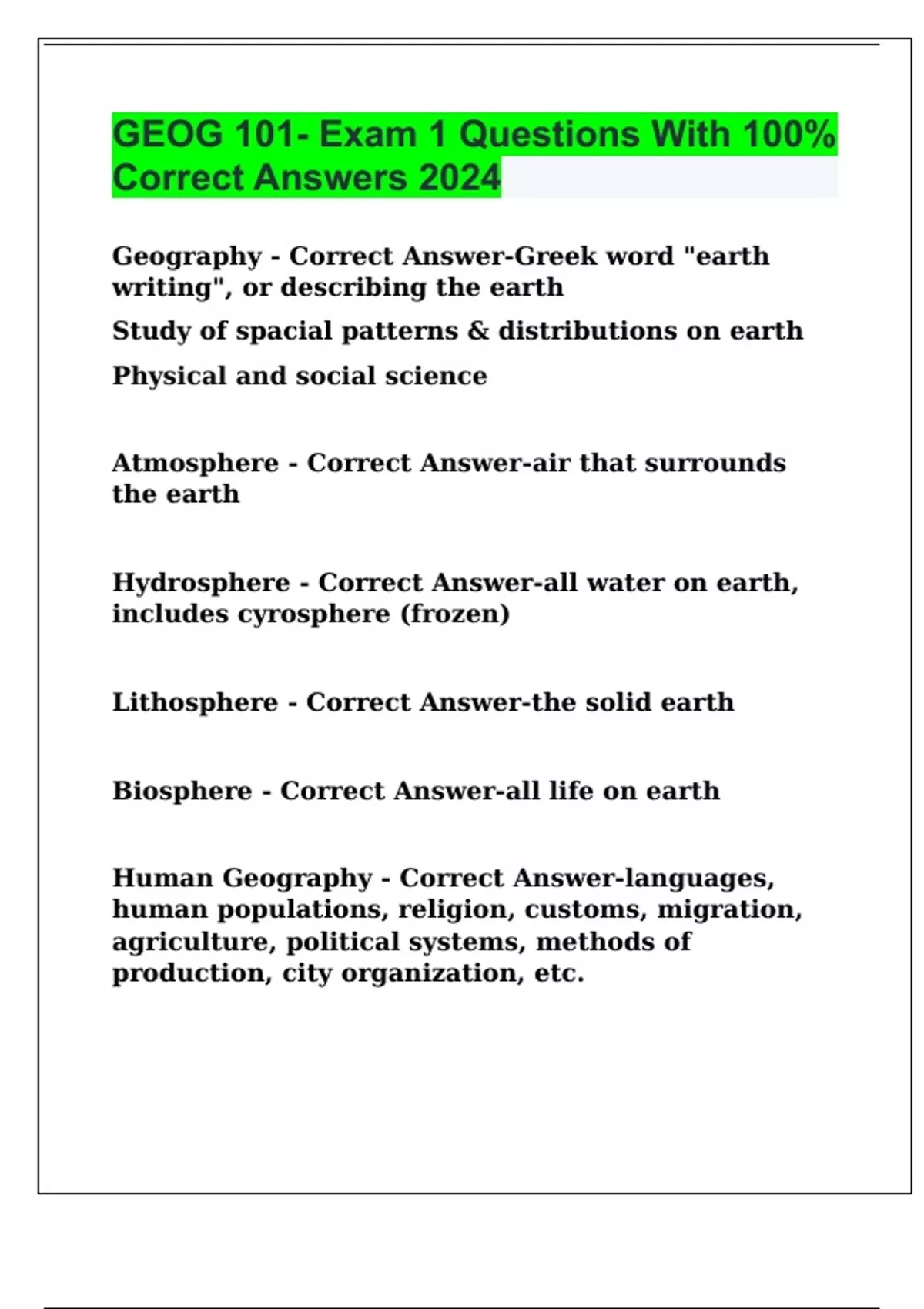 GEOG 101- Exam 1 Questions With 100% Correct Answers 2024 - GEOG 101 - Stuvia US