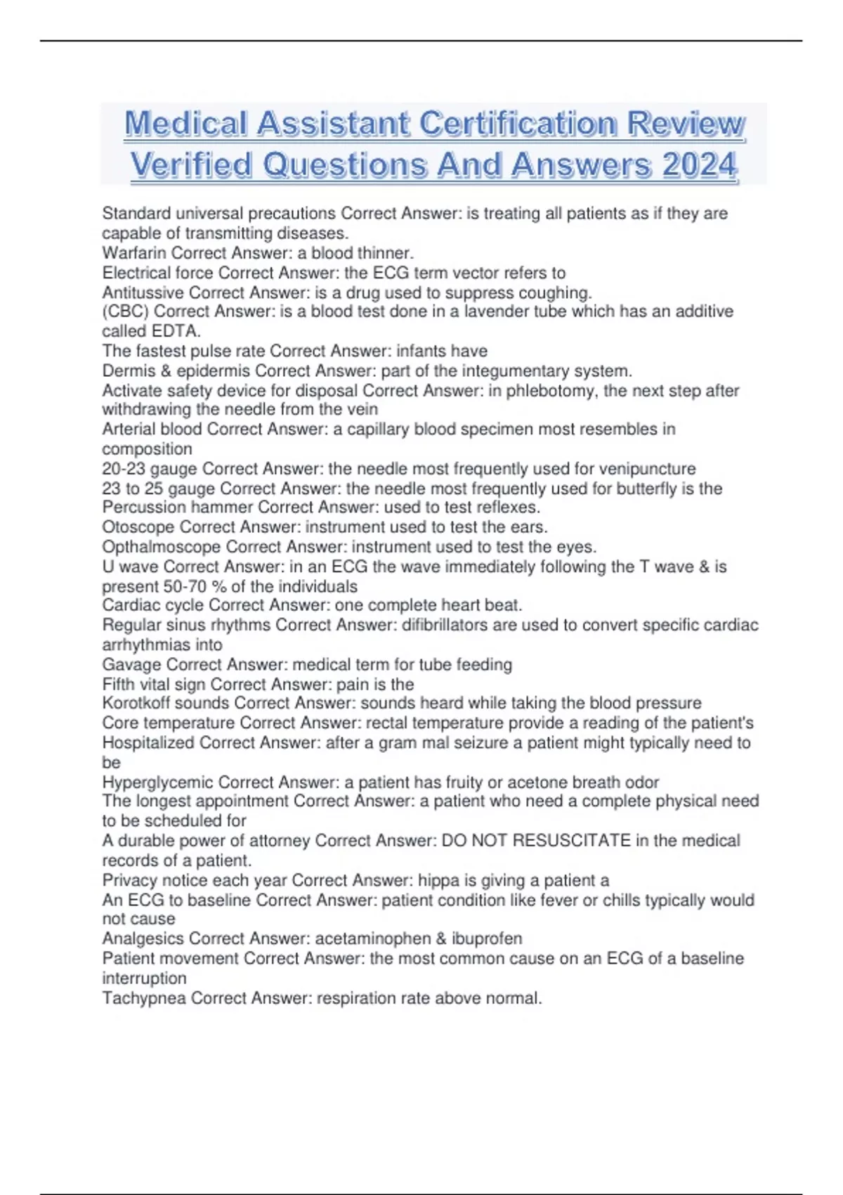 Medical Assistant Certification Review Verified Questions And Answers ...