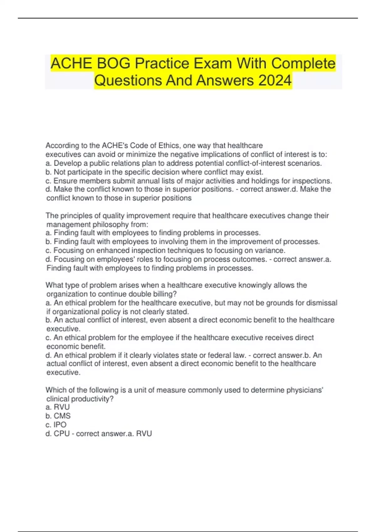 ACHE BOG Practice Exam With Complete Questions And Answers 2024 - ACHE ...