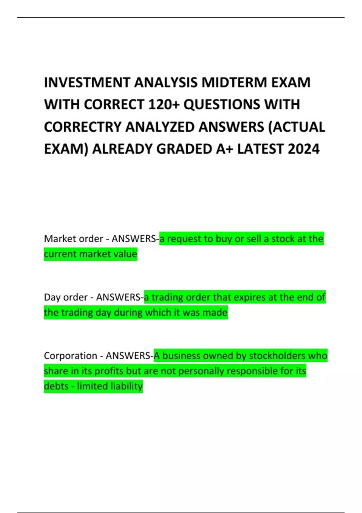 INVESTMENT ANALYSIS MIDTERM EXAM WITH CORRECT 120+ QUESTIONS WITH ...