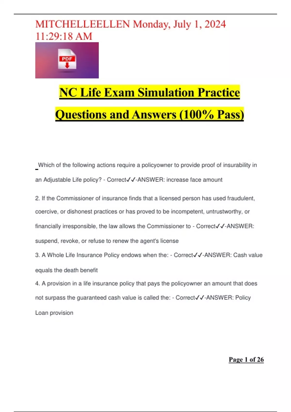 NC Life Exam Simulation Practice Questions and Answers (100% Pass) - NC ...