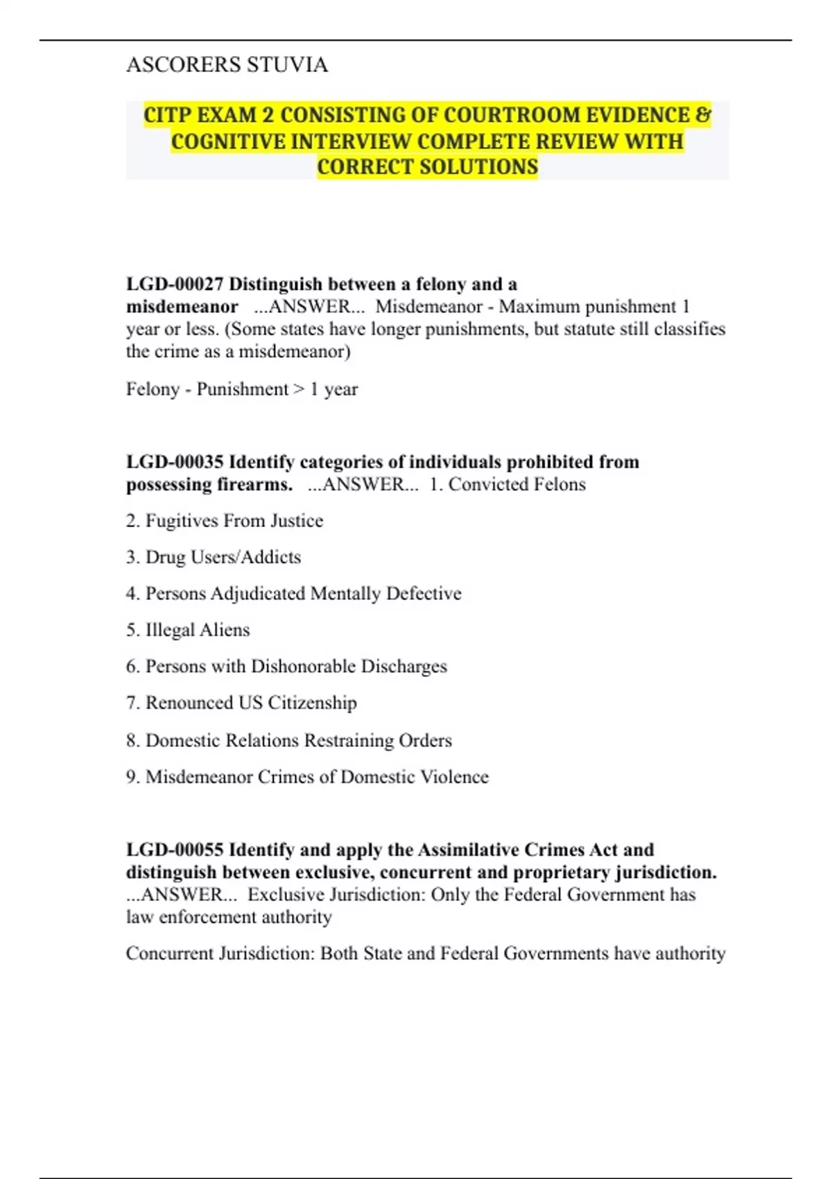 CITP EXAM 2 CONSISTING OF COURTROOM EVIDENCE & COGNITIVE INTERVIEW ...