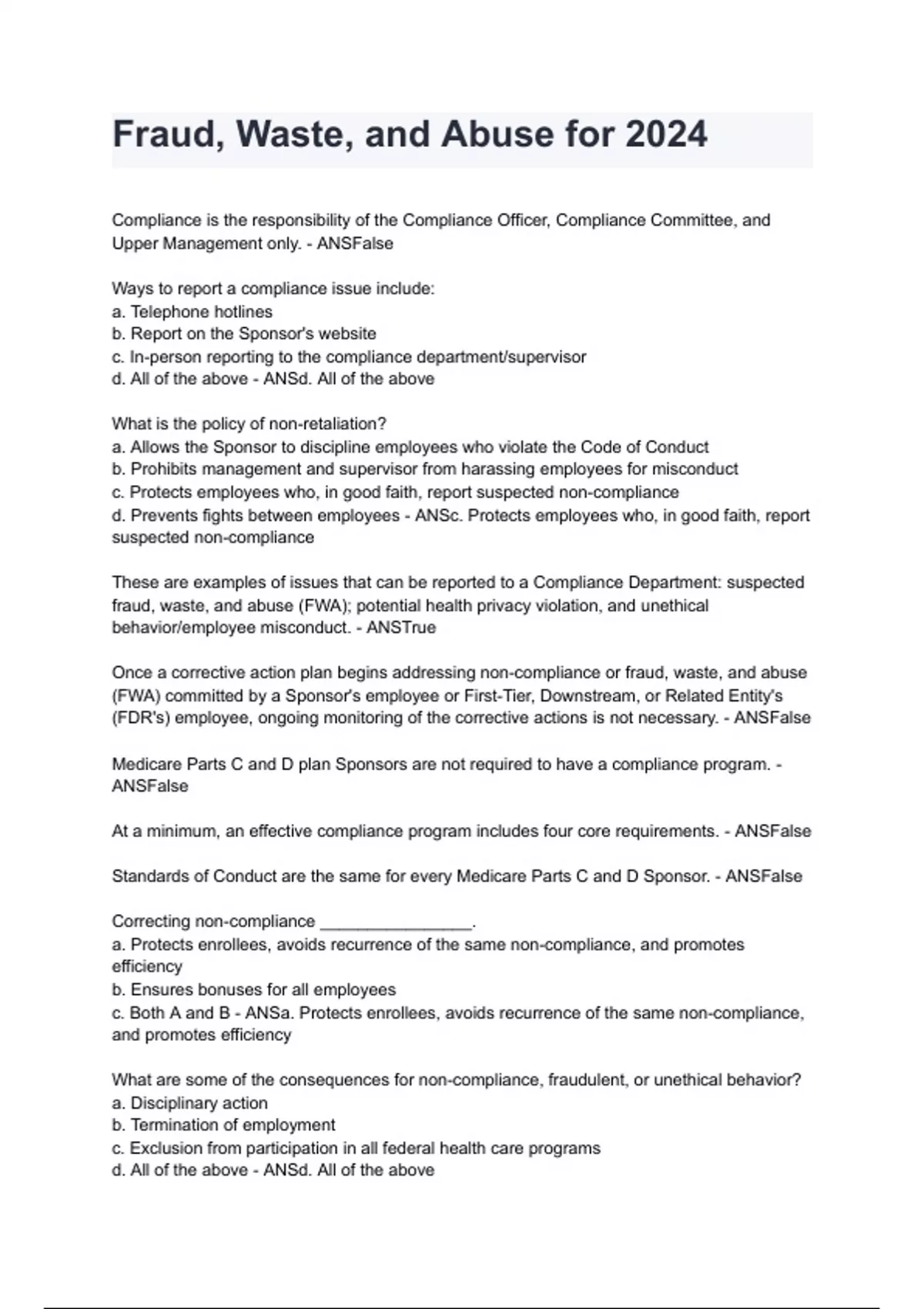 Fraud, Waste, and Abuse for 2024/2025 questions and answers graded A+ ...