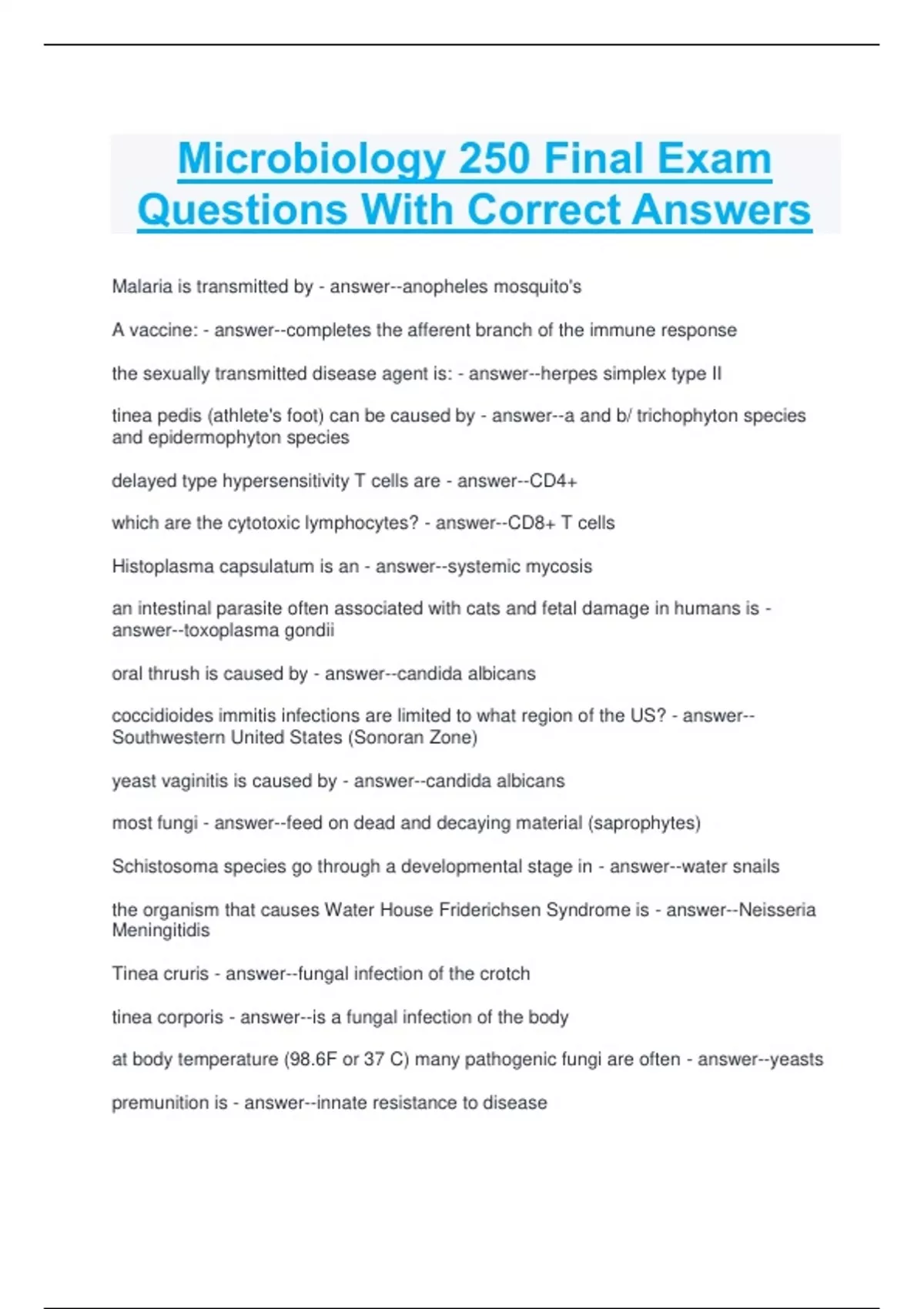 Microbiology 250 Final Exam Questions With Correct Answers ...
