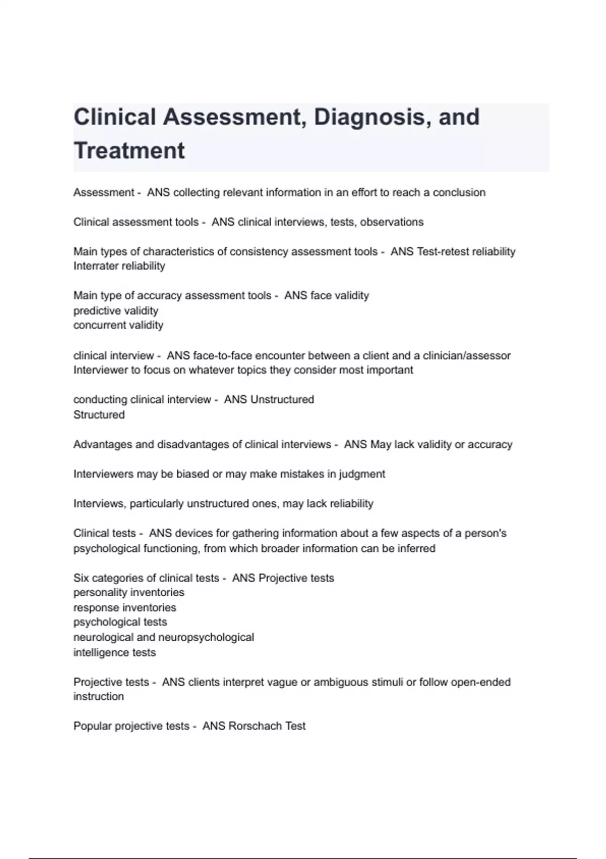 Clinical Assessment, Diagnosis, and Treatment Exam Questions with ...