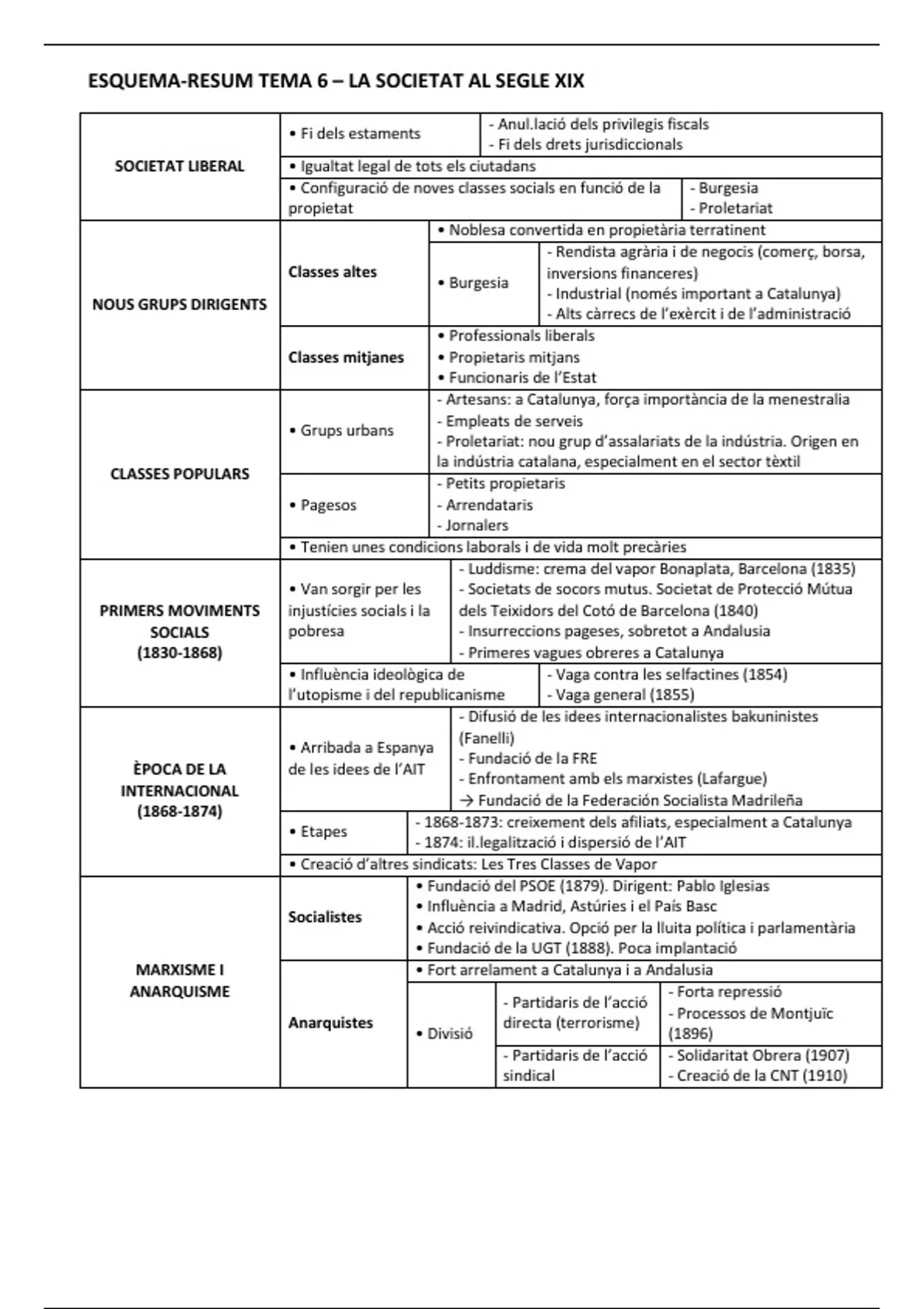 Summary ESQUEMA-RESUM TEMA 6 – LA SOCIETAT AL SEGLE XIX - Historia de España - Stuvia ES