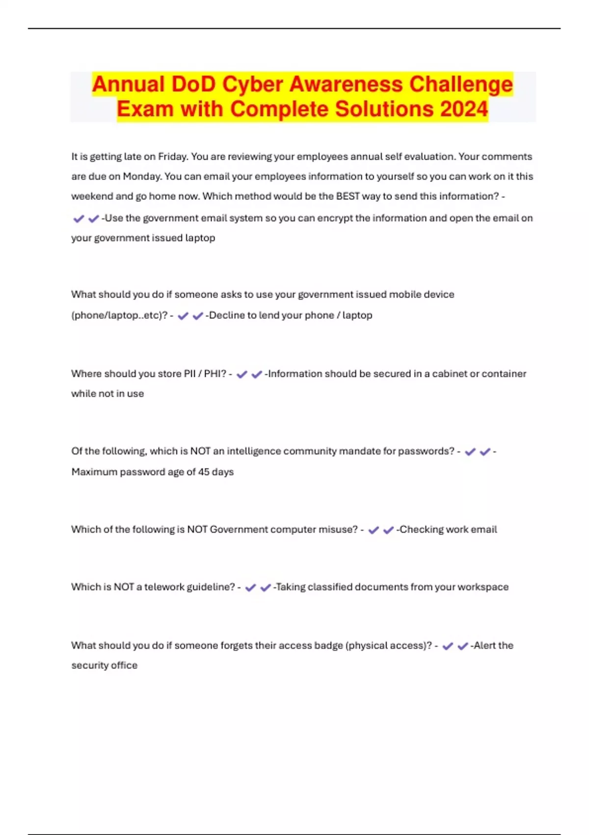 Annual DoD Cyber Awareness Challenge Exam with Complete Solutions 2024 ...