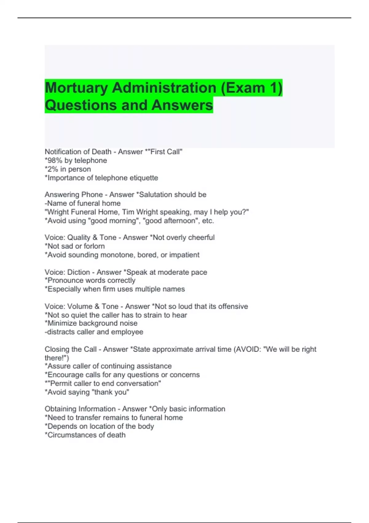 Mortuary Administration (Exam 1) Questions and Answers 100% correct ...