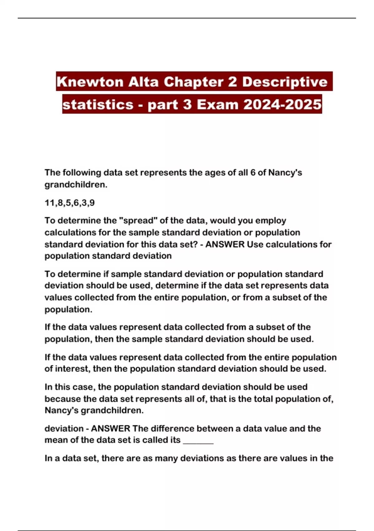 Knewton Alta Chapter 2 Descriptive statistics - part 3 Exam - Knewton Alta - Stuvia US