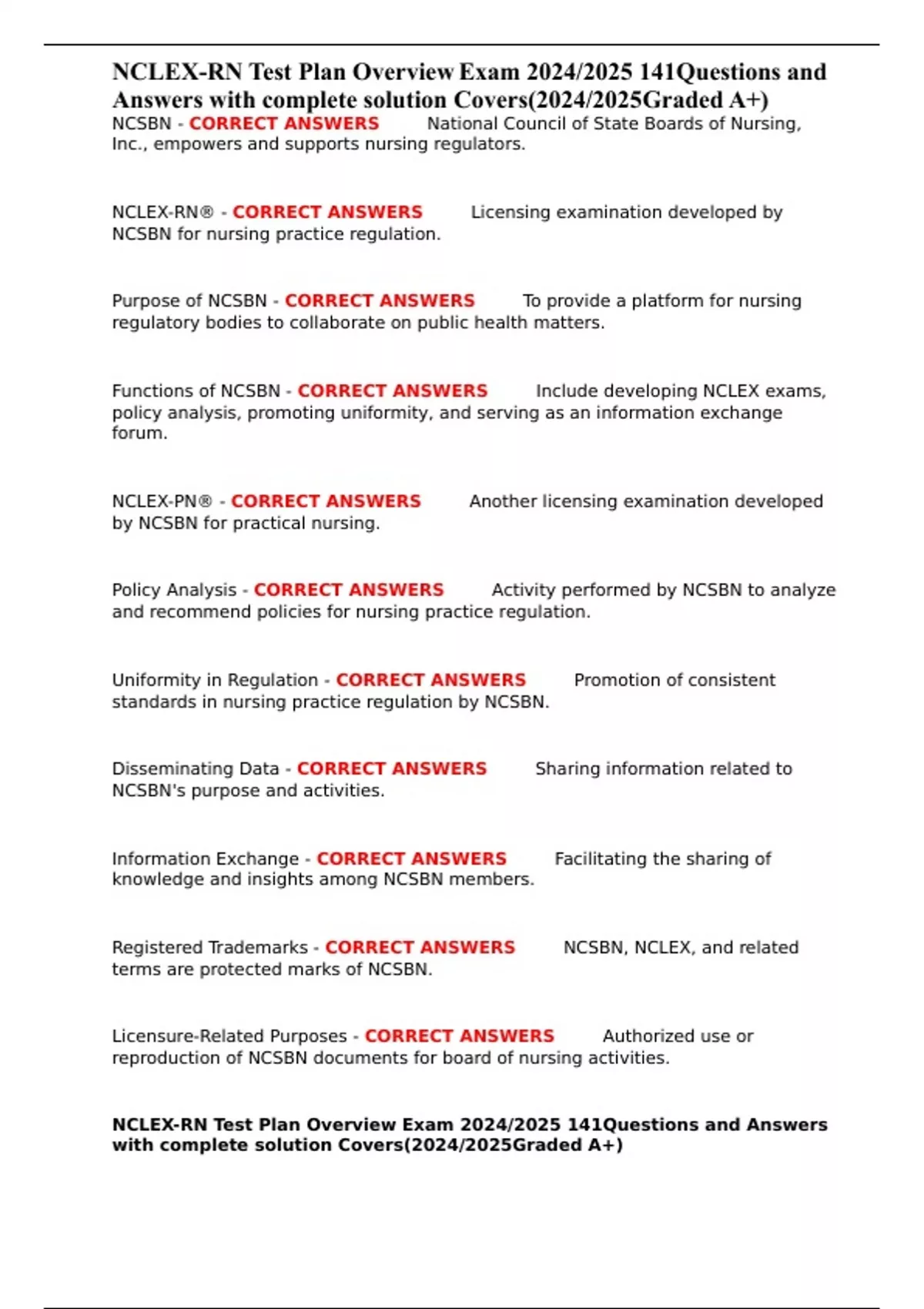 Summary NCLEX-RN Test Plan Overview Exam 2024/2025 141Questions and ...