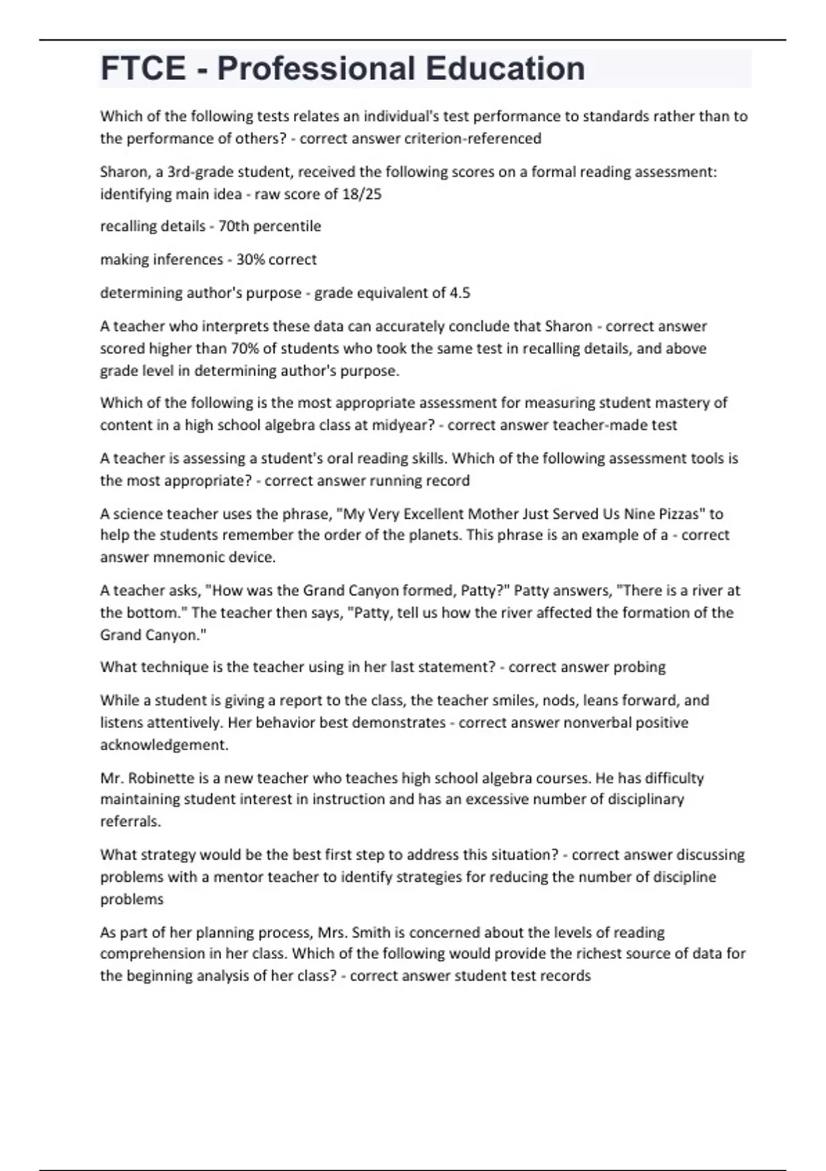 FL FTCE Professional Education Test Actual Exam with Questions and ...