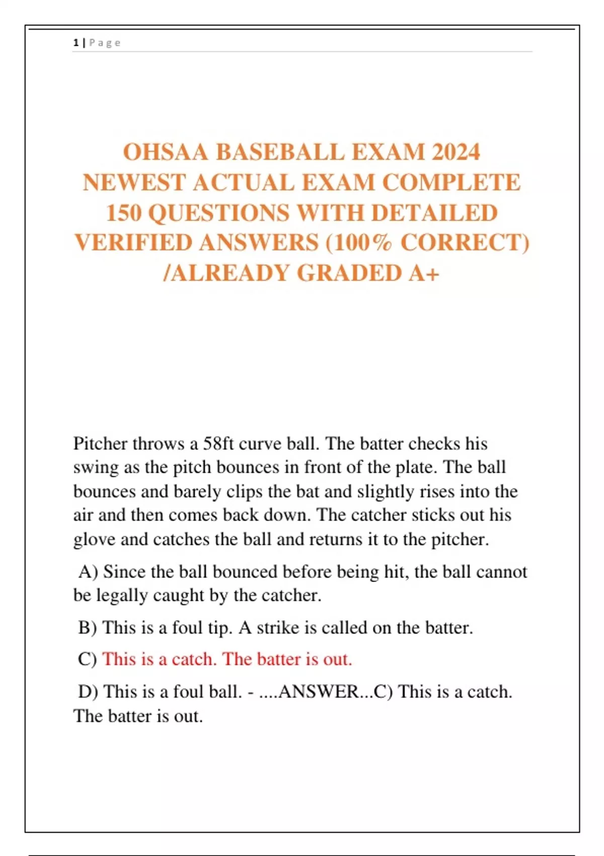 OHSAA BASEBALL EXAM 2024 NEWEST ACTUAL EXAM COMPLETE 150 QUESTIONS WITH ...