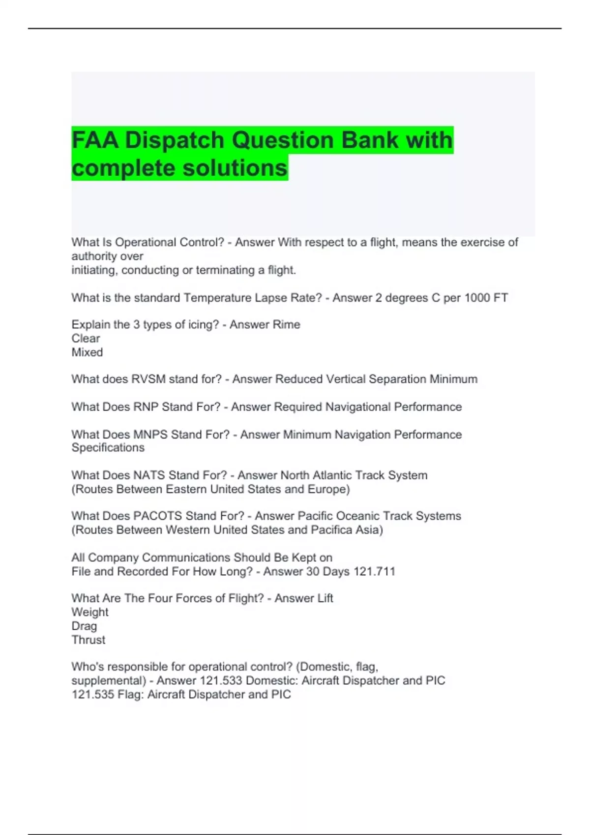 FAA Dispatch Question Bank with complete solutions - FAA Dispatch ...