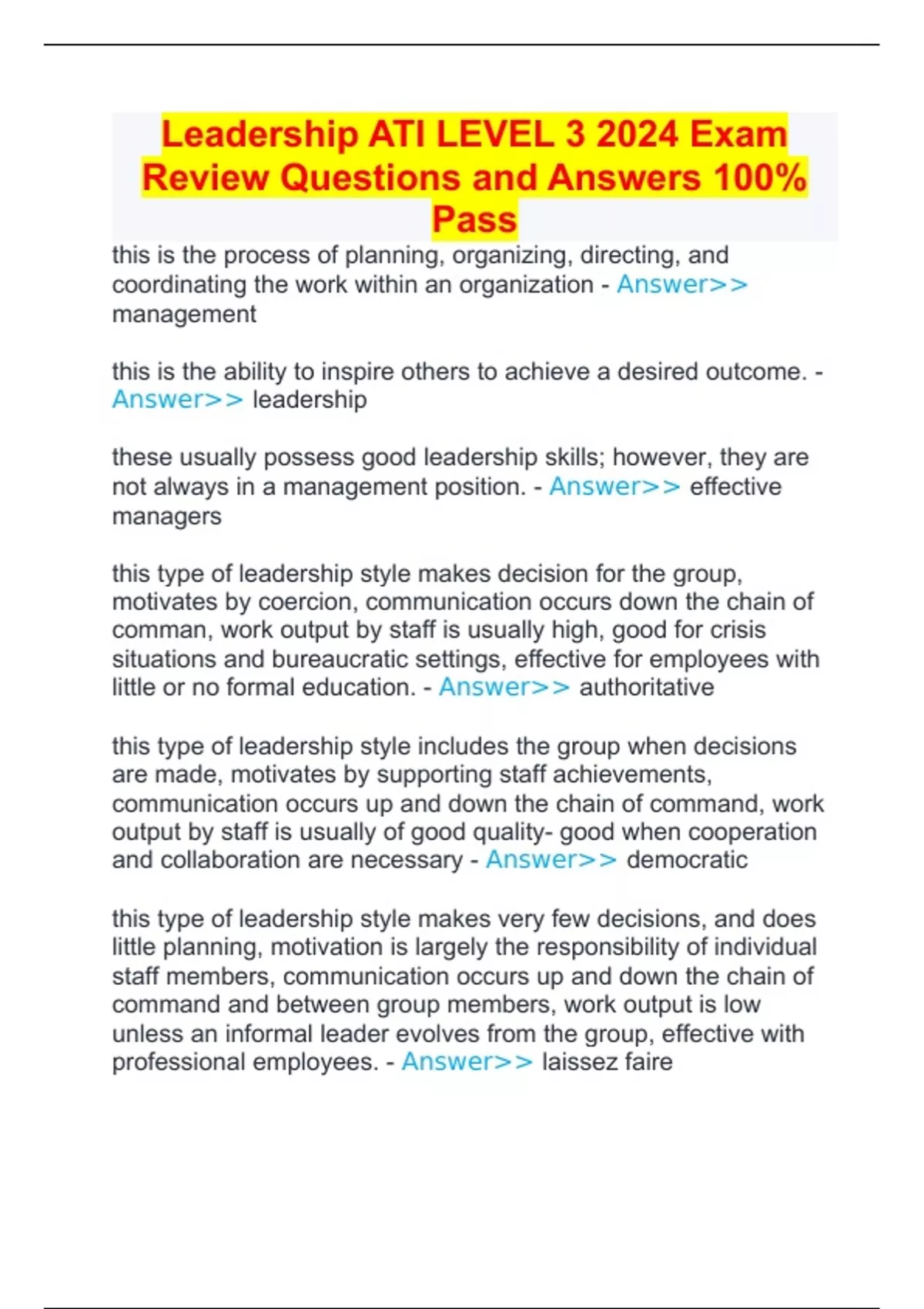 ATI Proctored Leadership : - EXAM PREPARATIONs COMPILATION BUNDLE 100% ...