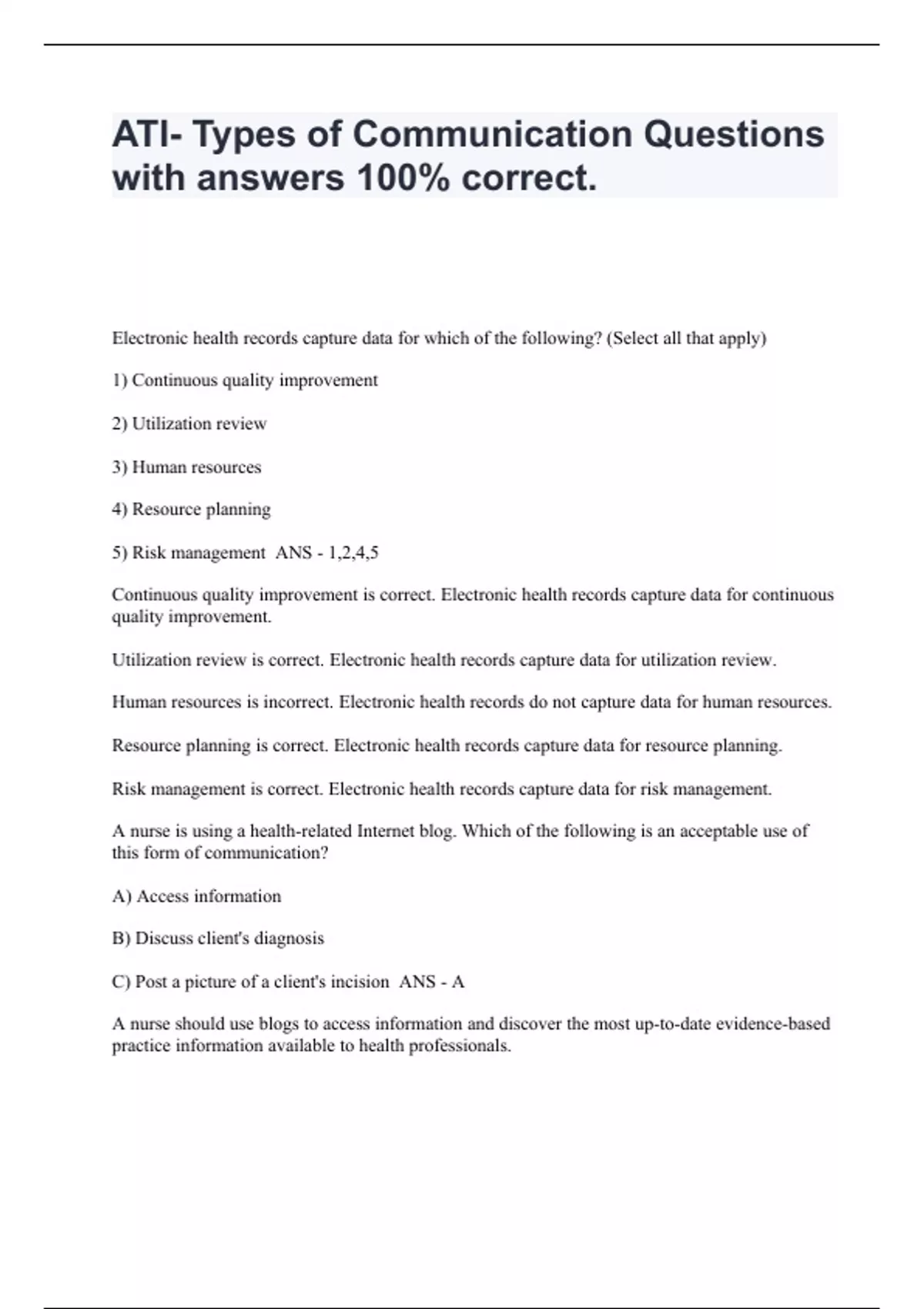 ATI- Types of Communication Questions with answers 100% correct ...